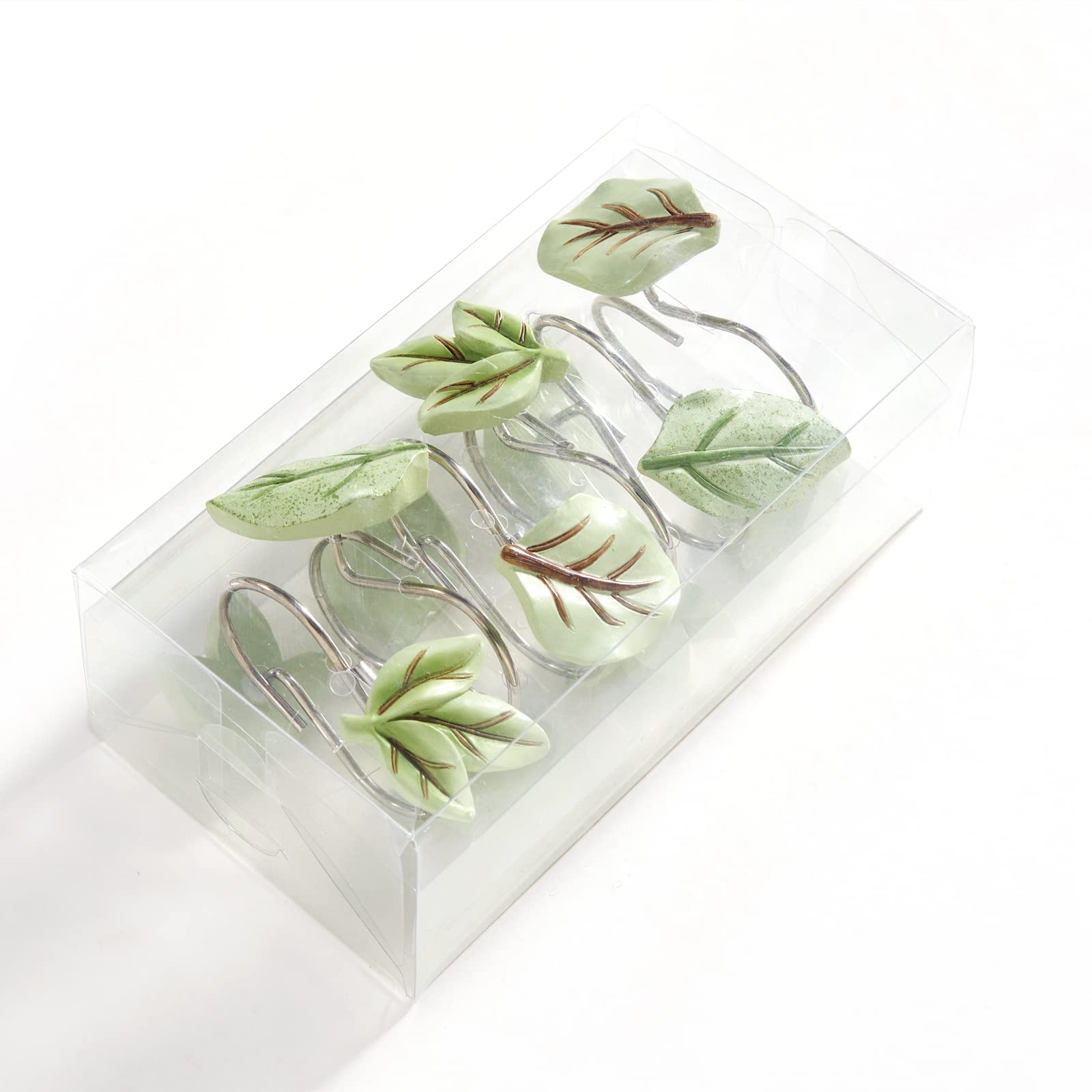YoKii 12PCS Plant Leaves Decorative Shower Curtain Hooks for Green Tropical Botanical Plam Tree Leaf Shower Curtains Hooks Metal Rustproof Cute Eucalyptus Shower Curtain Rings Bathroom Decoration