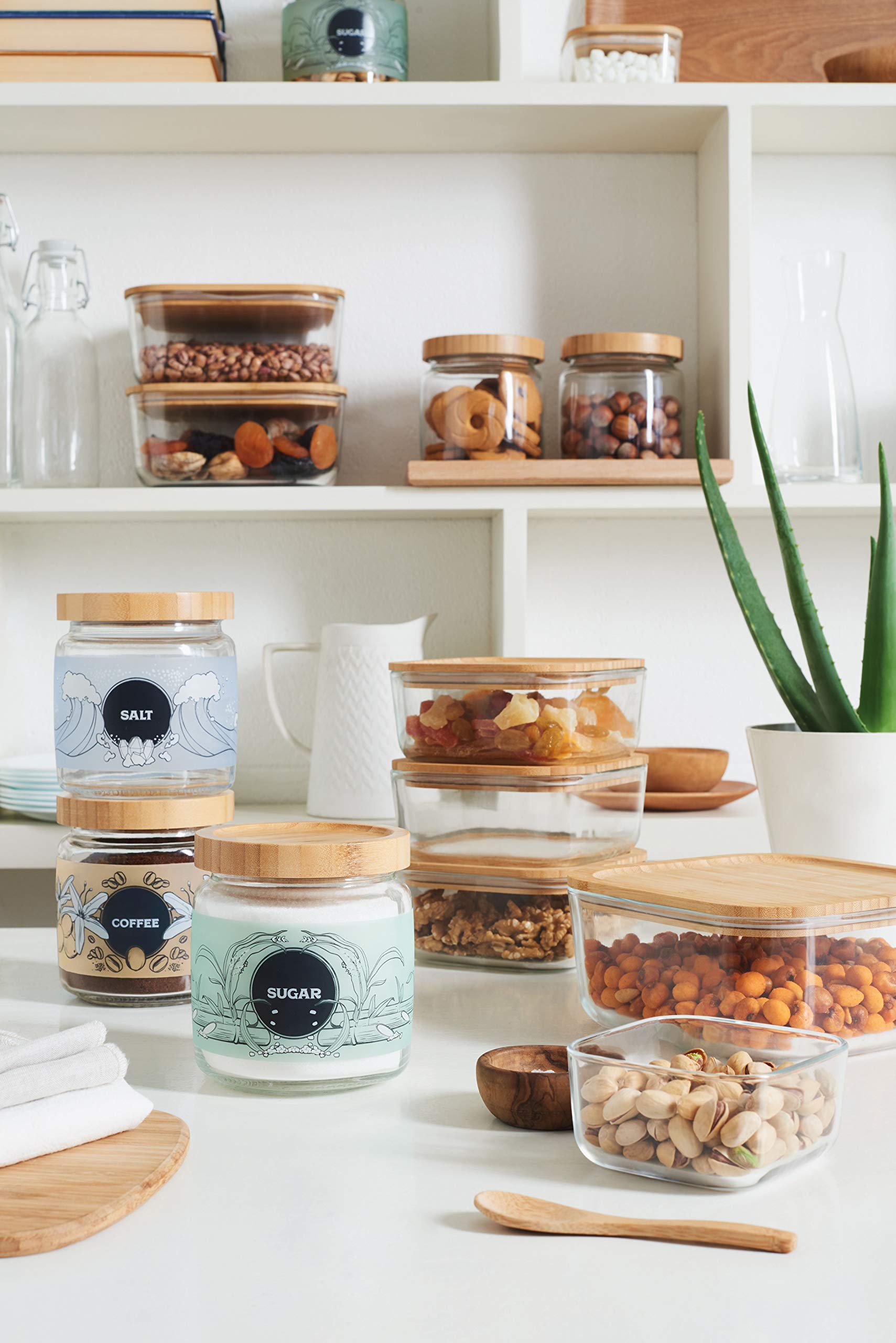 Bormioli Rocco Frigoverre Glass Food Storage Container with Bamboo Lid, 11.75 oz. 4" Square, Set of 12, Clear
