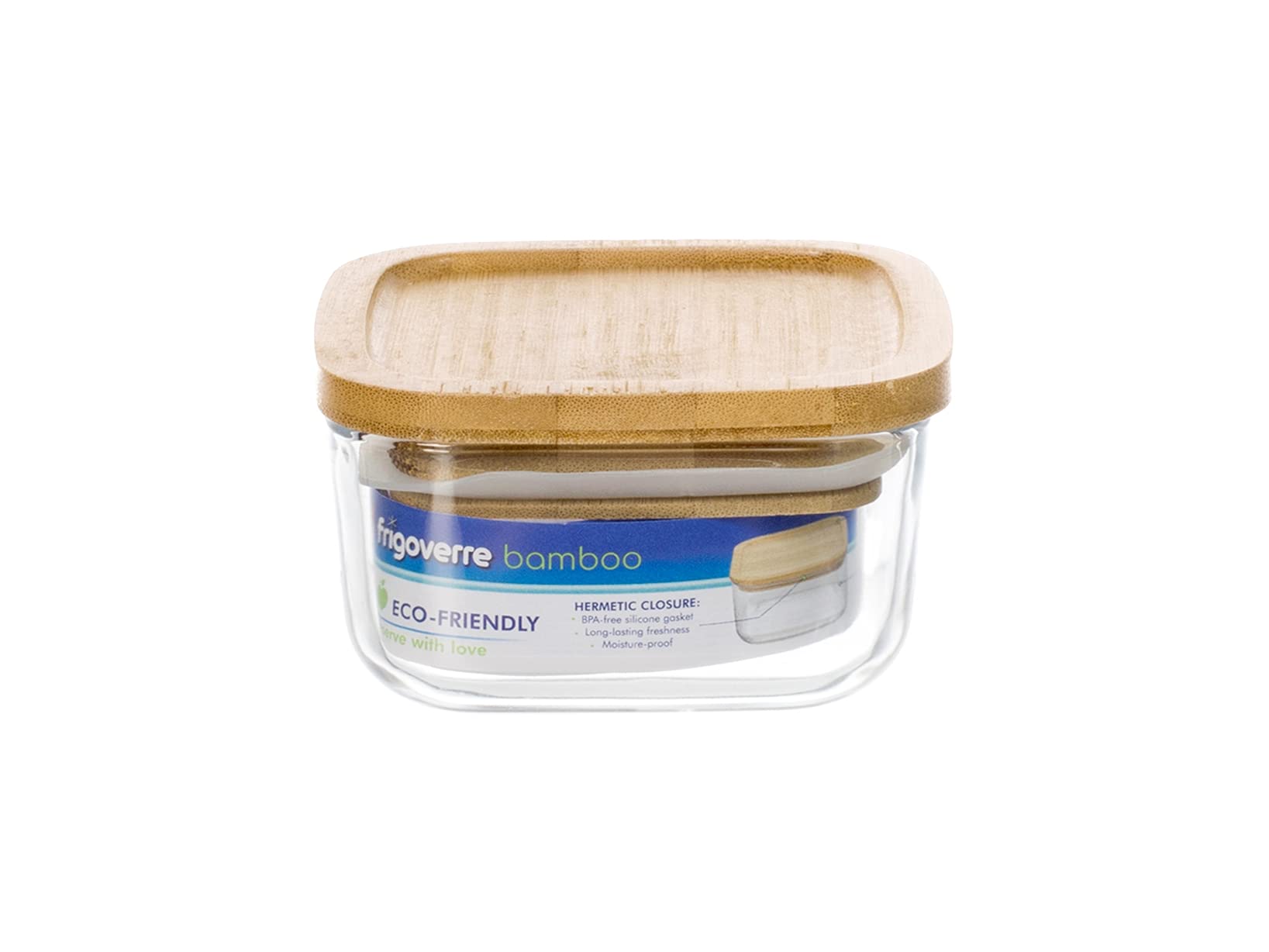 Bormioli Rocco Frigoverre Glass Food Storage Container with Bamboo Lid, 11.75 oz. 4" Square, Set of 12, Clear