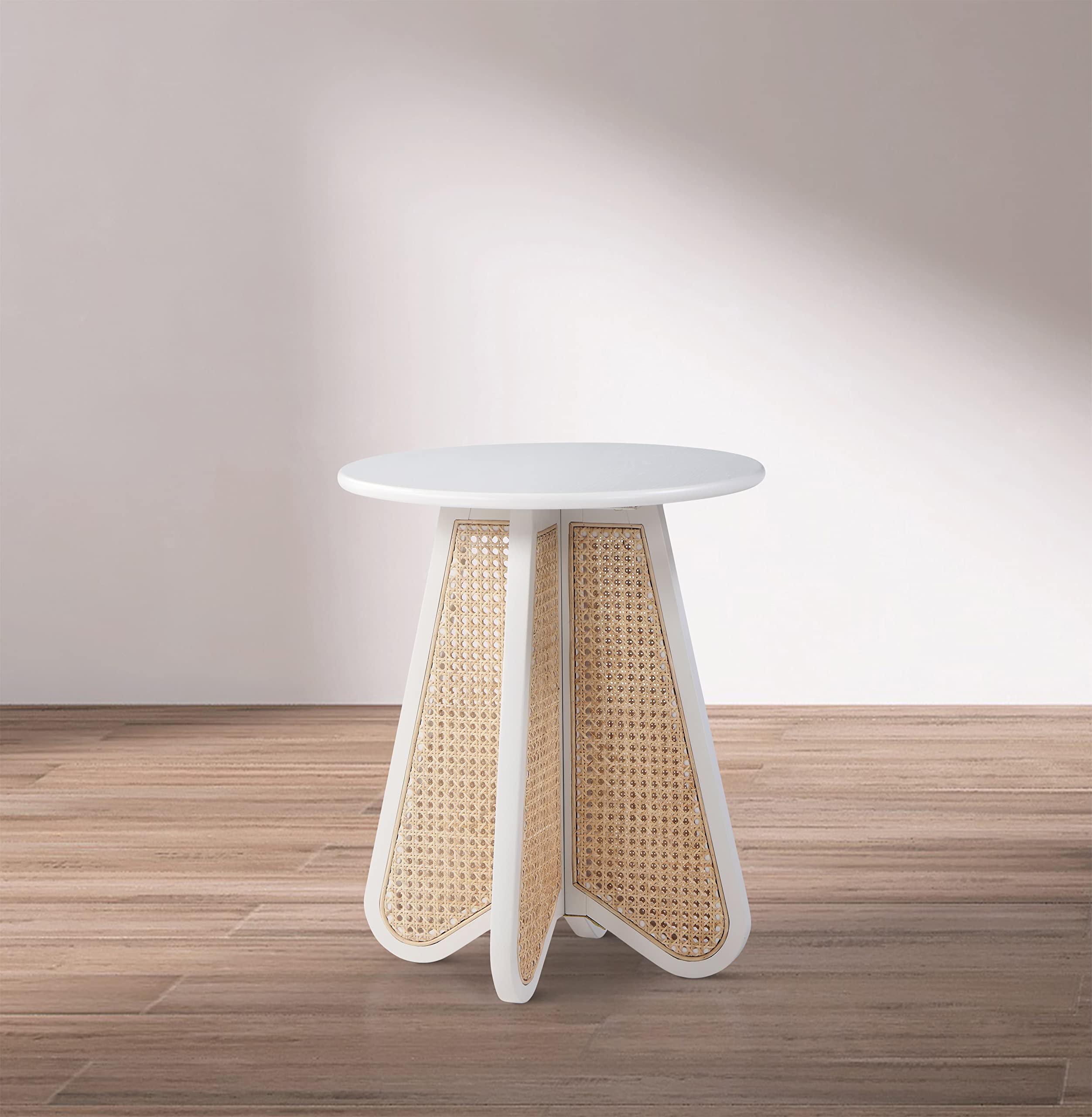 Meridian Furniture 208White-ET Butterfly Collection Mid-Century Modern End Table with Solid Wood White Finish, Oak Veneer Top, Natural Cane, 20" W x 20" D x 22" H, White