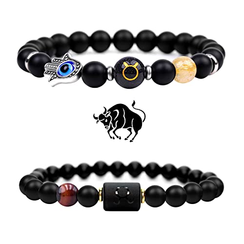 Yomlry 2Pcs Zodiac Bracelet 8MM Beaded Evil Eye Bracelet Spiritual Healing Crystal Bracelet for Women Men 12 Constellation Bracelet Zodiac Sign Horoscope Gift Hamsa Protection Couple Bracelet Set,