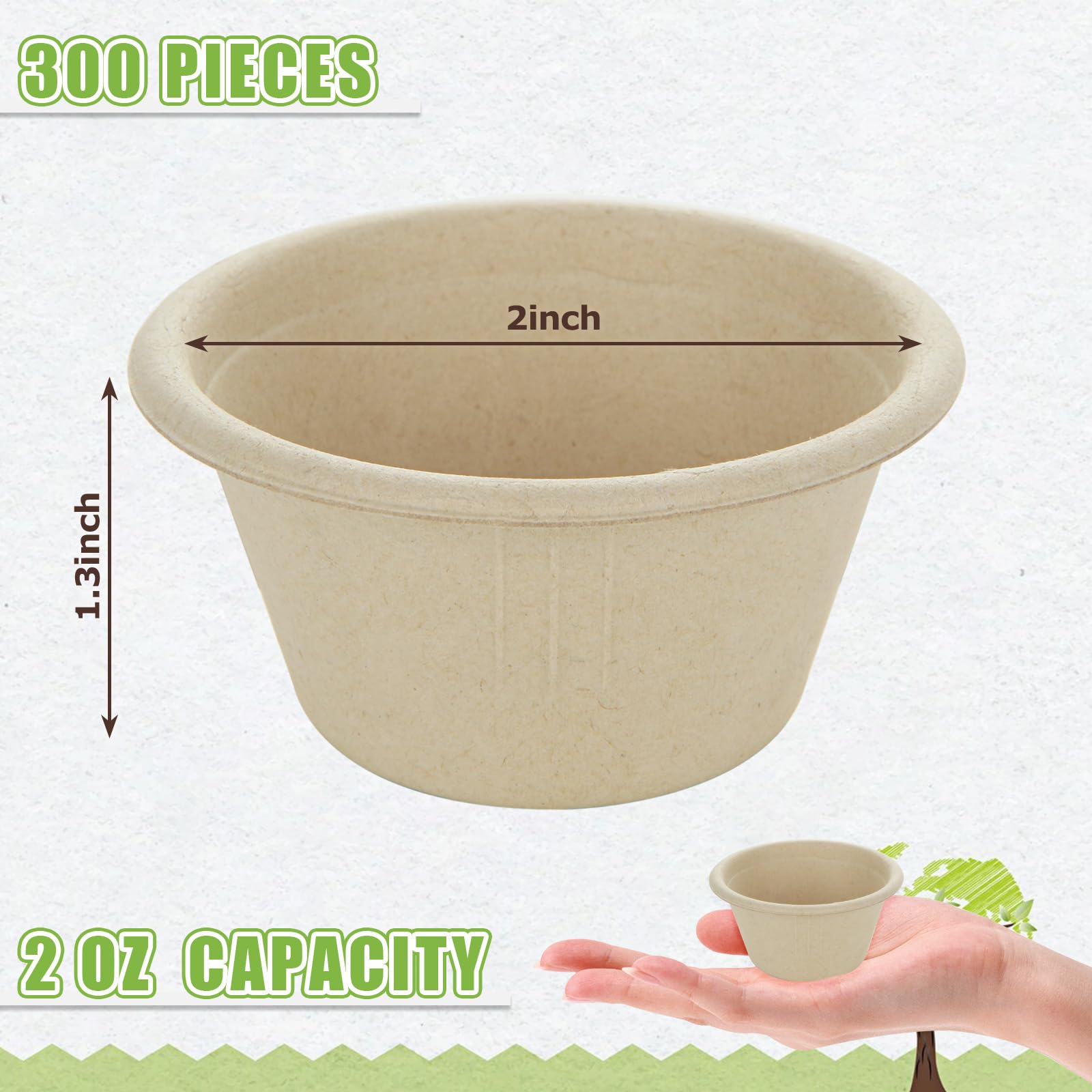 CYEAH 300 Pcs Disposable Paper Souffle Cups 2oz, Stackable Small Sauce Containers, Eco-friendly Condiment Cups, Biodegradable Tasting Cups for Snack Dessert Portion Control Salad Dressing