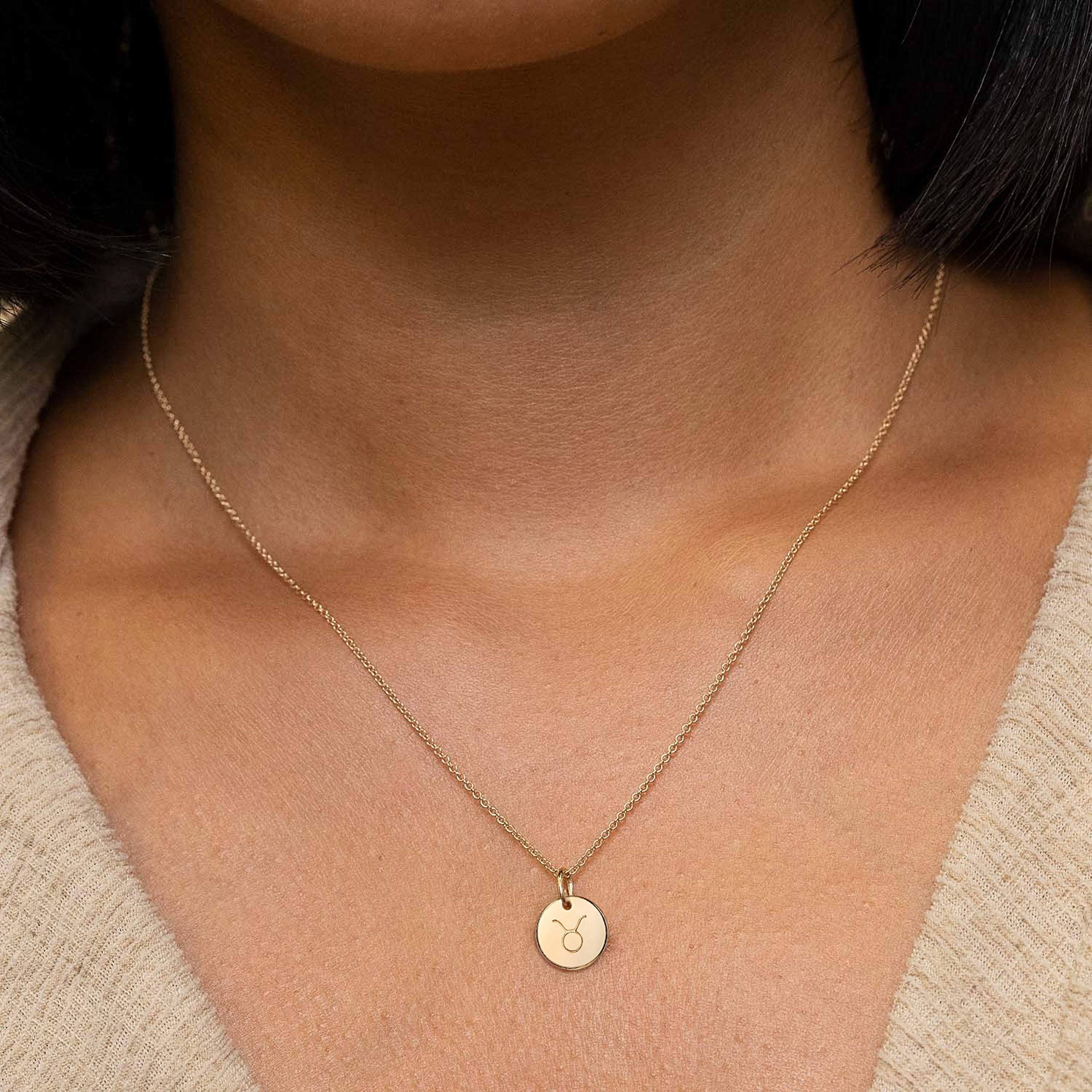 Befettly Constellation Necklace Pendant 14K Gold-Plated Hammered Round Disc Engraved Zodiac Sign Pendant 17.5’’ Adjustable Dainty Necklace NK-Taurus