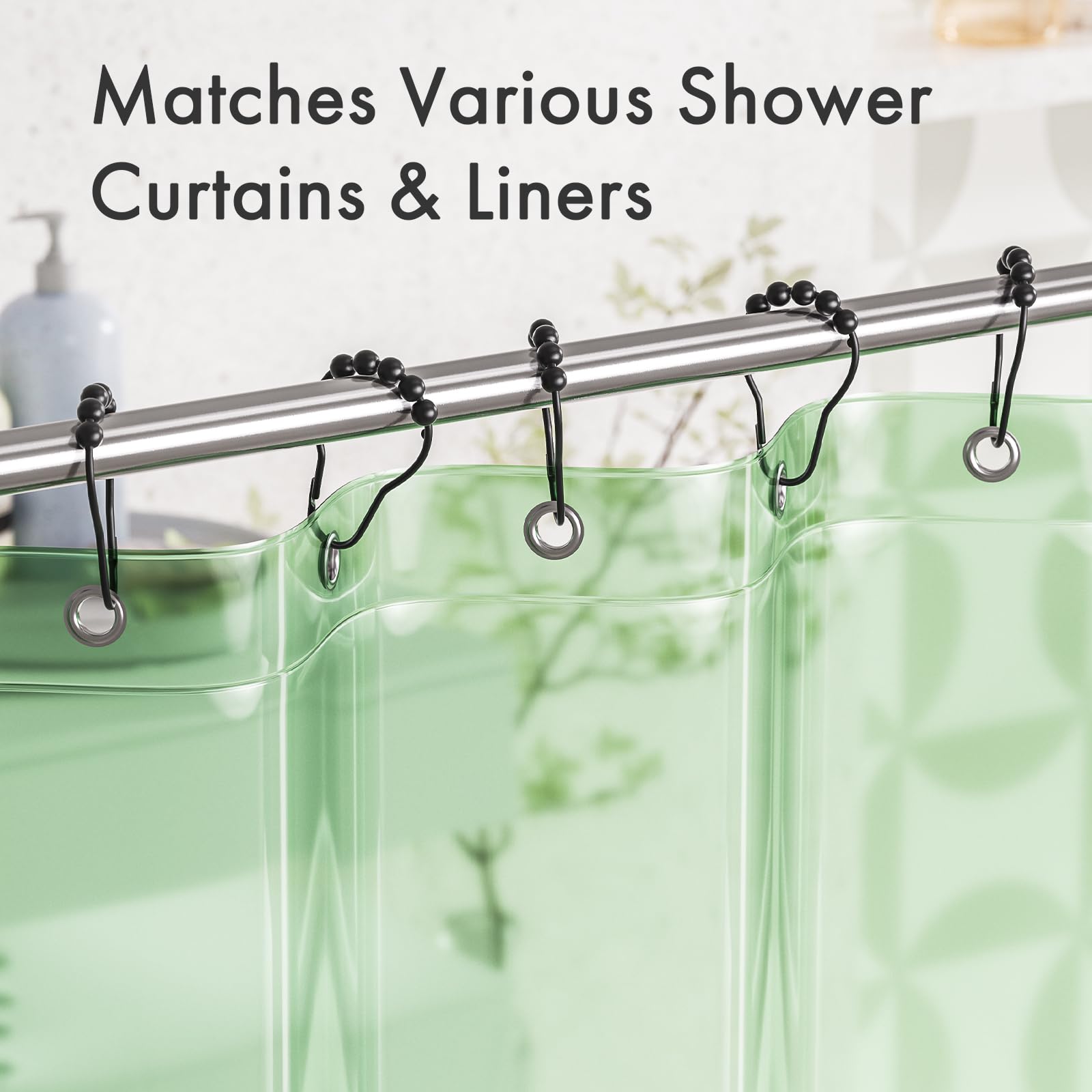 Amazer Matte Black Shower Curtain Hooks, 12PCS Rust-Resistant Metal Shower Hooks Ring Shower Rings for Curtain, Rolling Shower Curtain Rings for Bathroom Shower Rod Shower Curtain Hangers