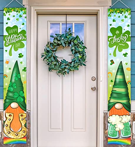 St. Patrick's Day Door Banner-Shamrock Gnomes Porch Signs Irish Happy St. Patrick's Day Party Supplies Green Gnomes Lucky Banner for St. Patrick's Day Outdoor Decorations