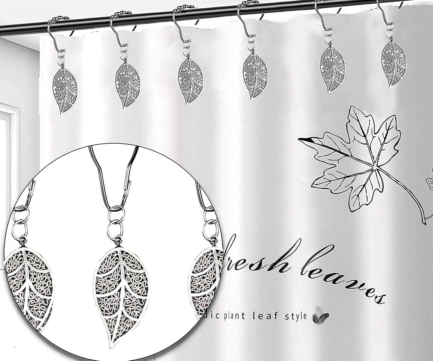 Yuiviot Shower Curtain Hooks Rings【12pack】, Silver Leaves Decorative Alloy Pendants, Rust Proof Stainless Steel Hooks for Bathroom Rod, Anti-Corrosion Hanger, Nickle Brushed Heavy Duty Roller