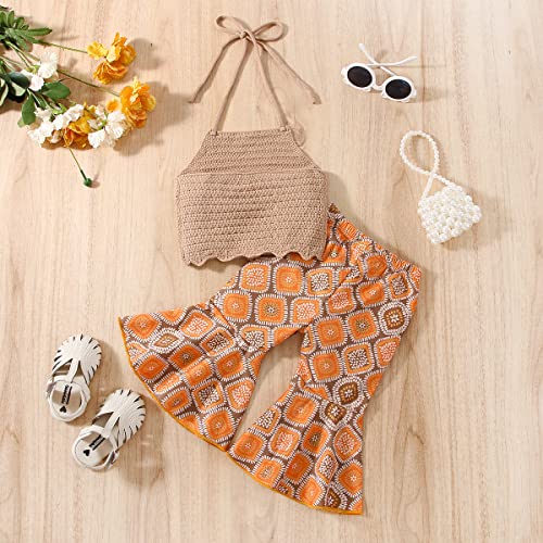 Toddler Baby Girl Summer Clothes Flower Halter Crop Top Rainbow Flared Pants Bell Bottoms Cute Boho Birthday Outfit (Khaki Boho, 6-12 Months)