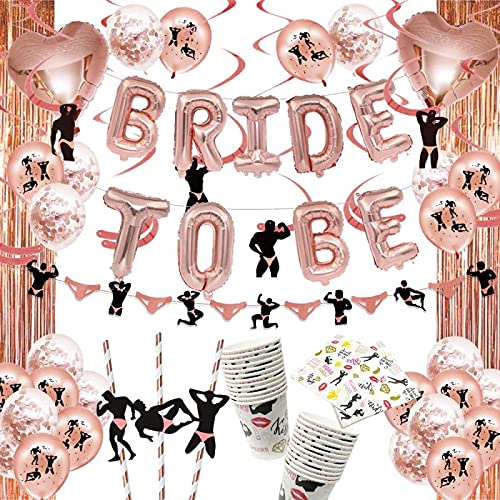 Bachelorette Party decorations| Rose Gold Bridal Shower supplies I Bride To be foil balloons Straws Cups Napkins Banner Swirls Dancing Men Confetti Balloons I Funny Final Fiesta Bride to be Favors