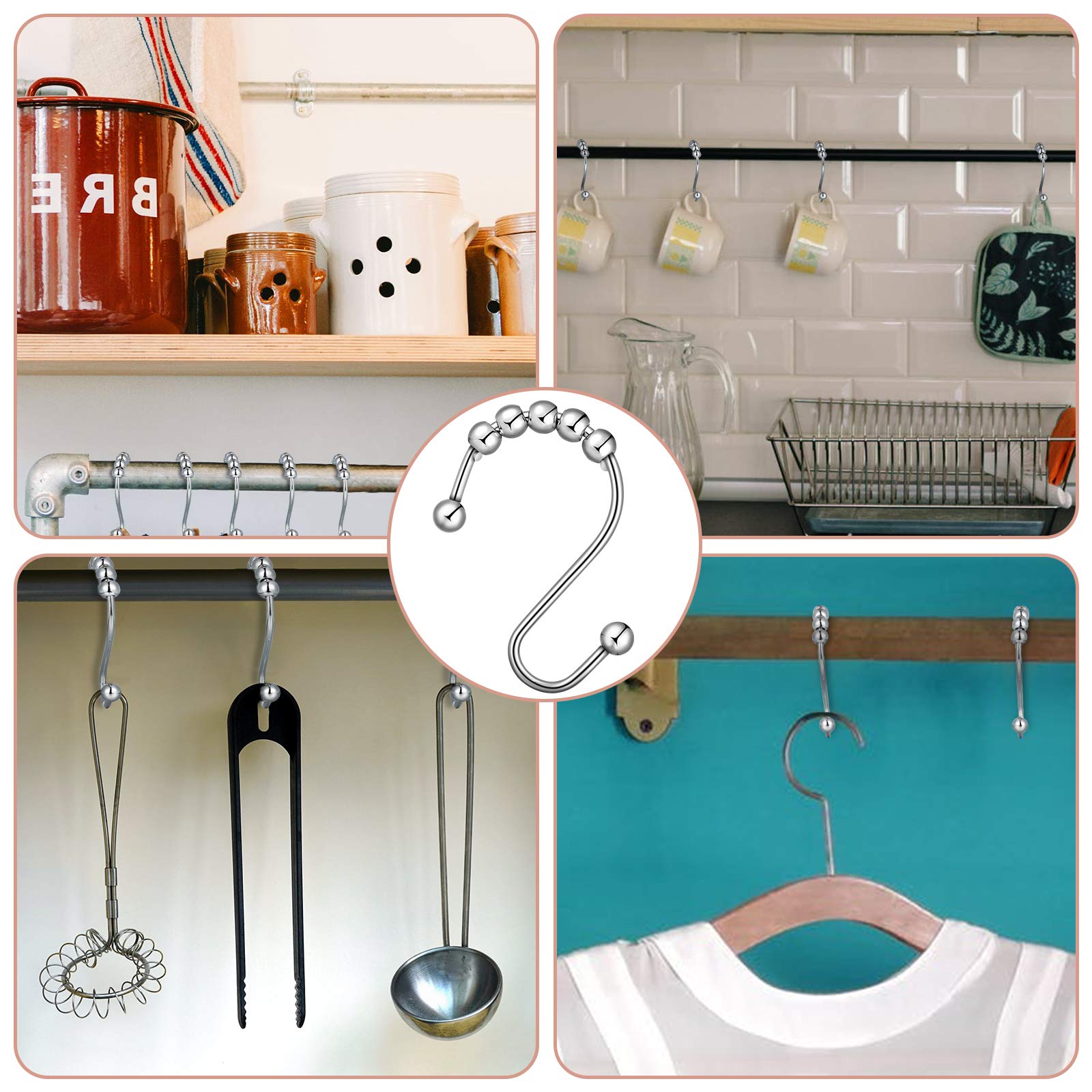 Hotop Stainless Steel Shower Curtain Hooks Rust Resistant Shower Curtain Hook Ring Bathroom S Shaped Hook Hanger for Kitchen Utensils, Shower Curtain, Clothes, Towels (12 Pieces)