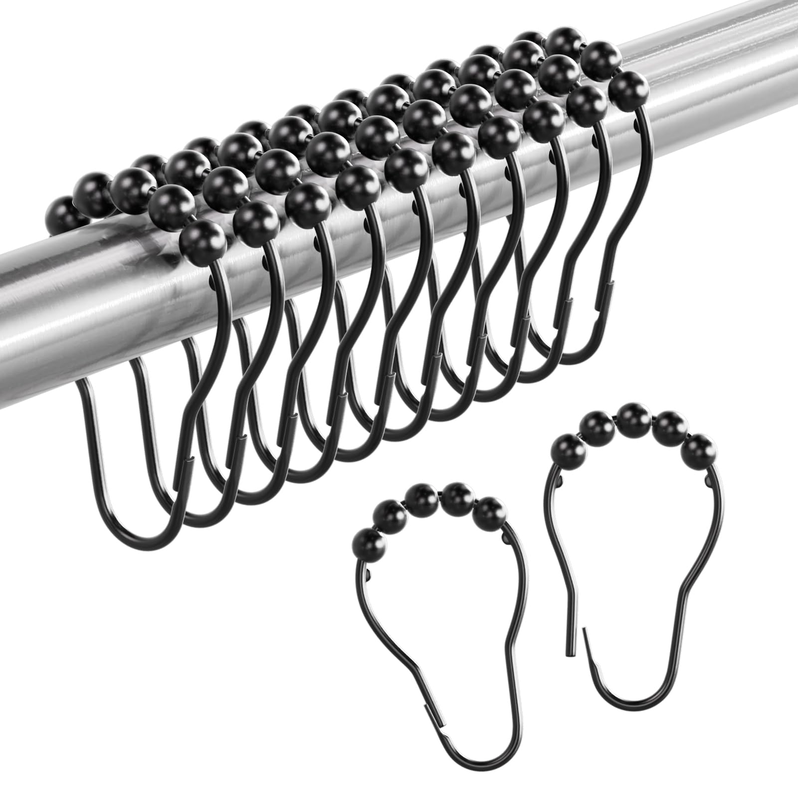 Amazer Matte Black Shower Curtain Hooks, 12PCS Rust-Resistant Metal Shower Hooks Ring Shower Rings for Curtain, Rolling Shower Curtain Rings for Bathroom Shower Rod Shower Curtain Hangers