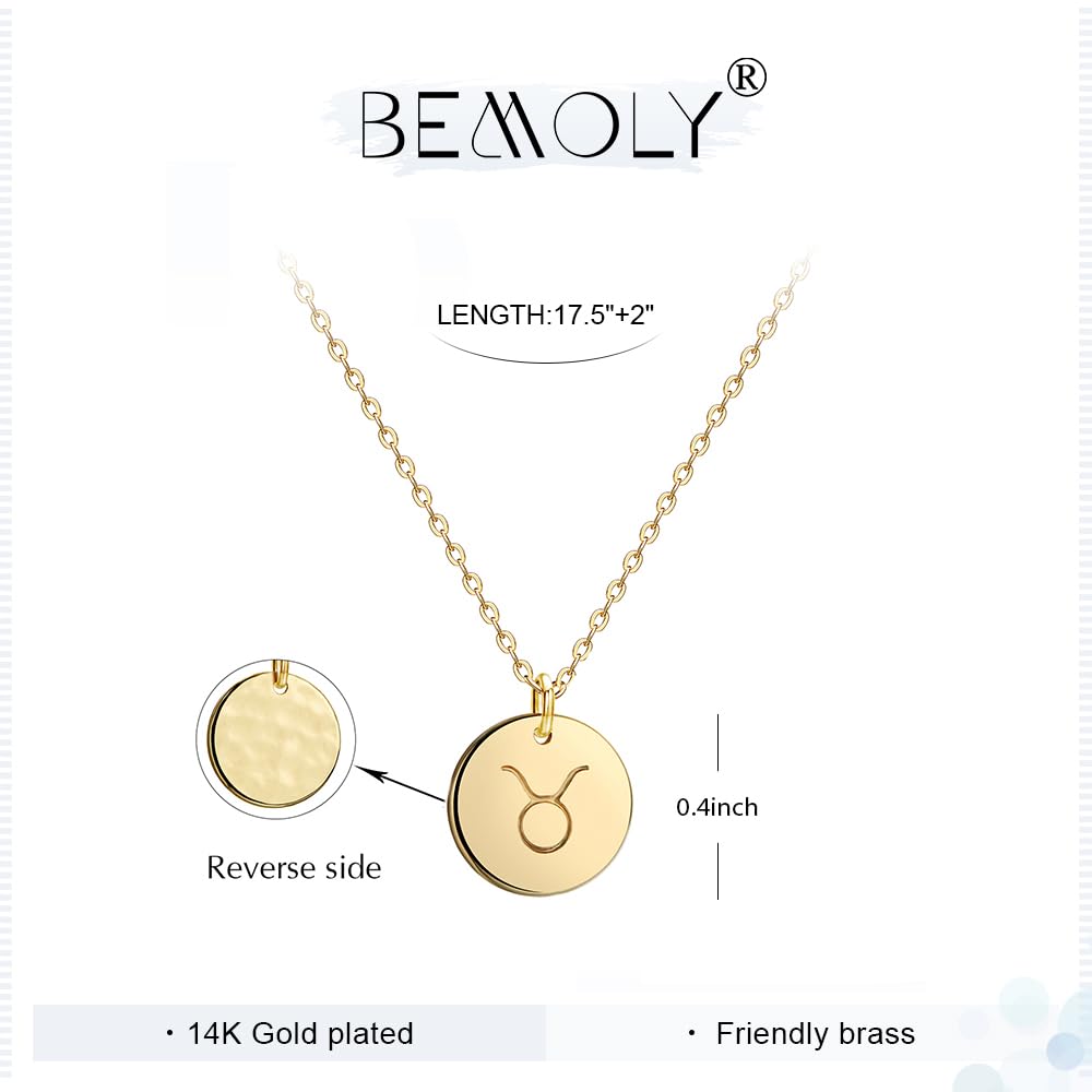 Befettly Constellation Necklace Pendant 14K Gold-Plated Hammered Round Disc Engraved Zodiac Sign Pendant 17.5’’ Adjustable Dainty Necklace NK-Taurus