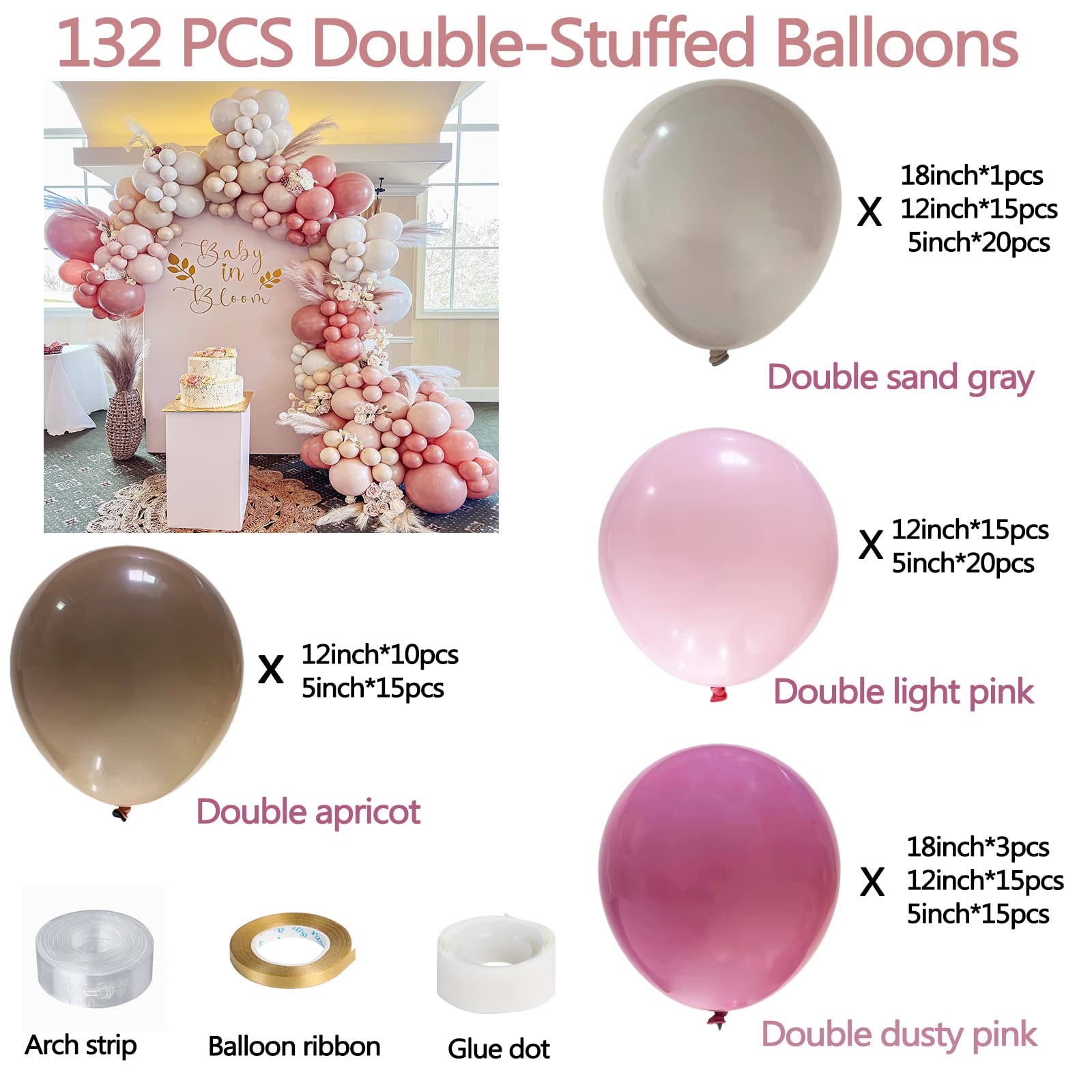 Boho Pink Balloon Garland Arch Kit,Double-stuffed Pastel Pink White Sand Blush Balloons for Birthday Bridal Baby Shower Wedding Party Decorations
