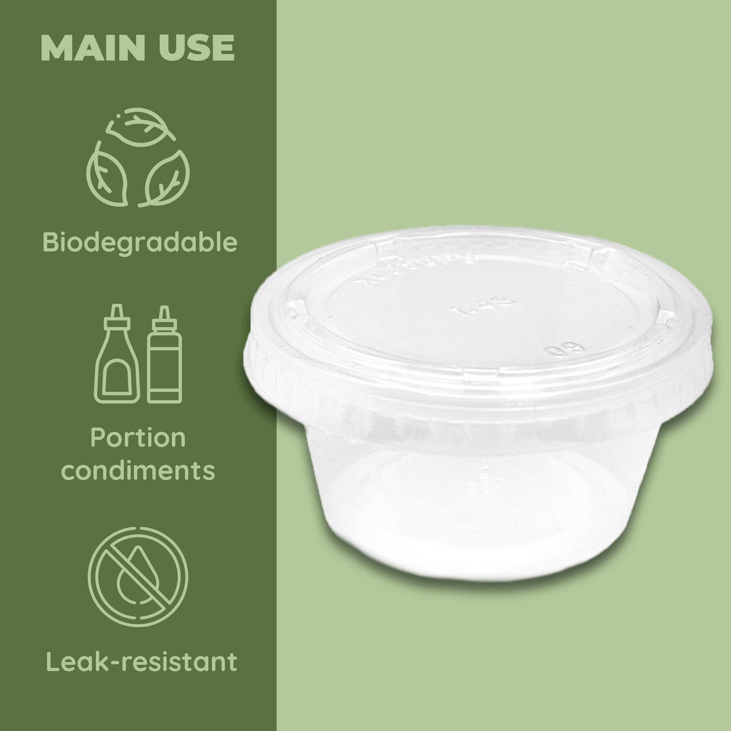 Jacent Compostable Condiment Cups with Lids, 2 oz Sauce Cups, 100 Sets per Pack: Eco-friendly for Salad Dressings, Charcuterie, Snacks and Samples