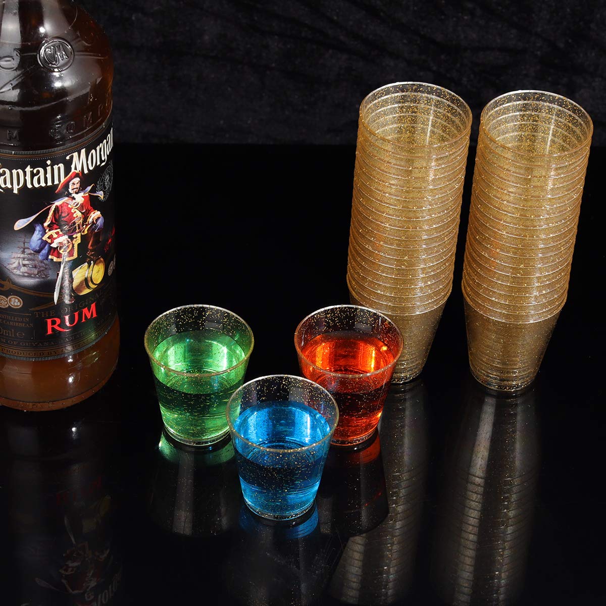 WELLIFE 200 PACK Plastic Gold Glitter Shot Cups, 2OZ Disposable Shot Glasses,Small Hard Plastic Tumblers,Gold Tasting Sampling Cups,Premium Mini Container Perfect for Whiskey for Party