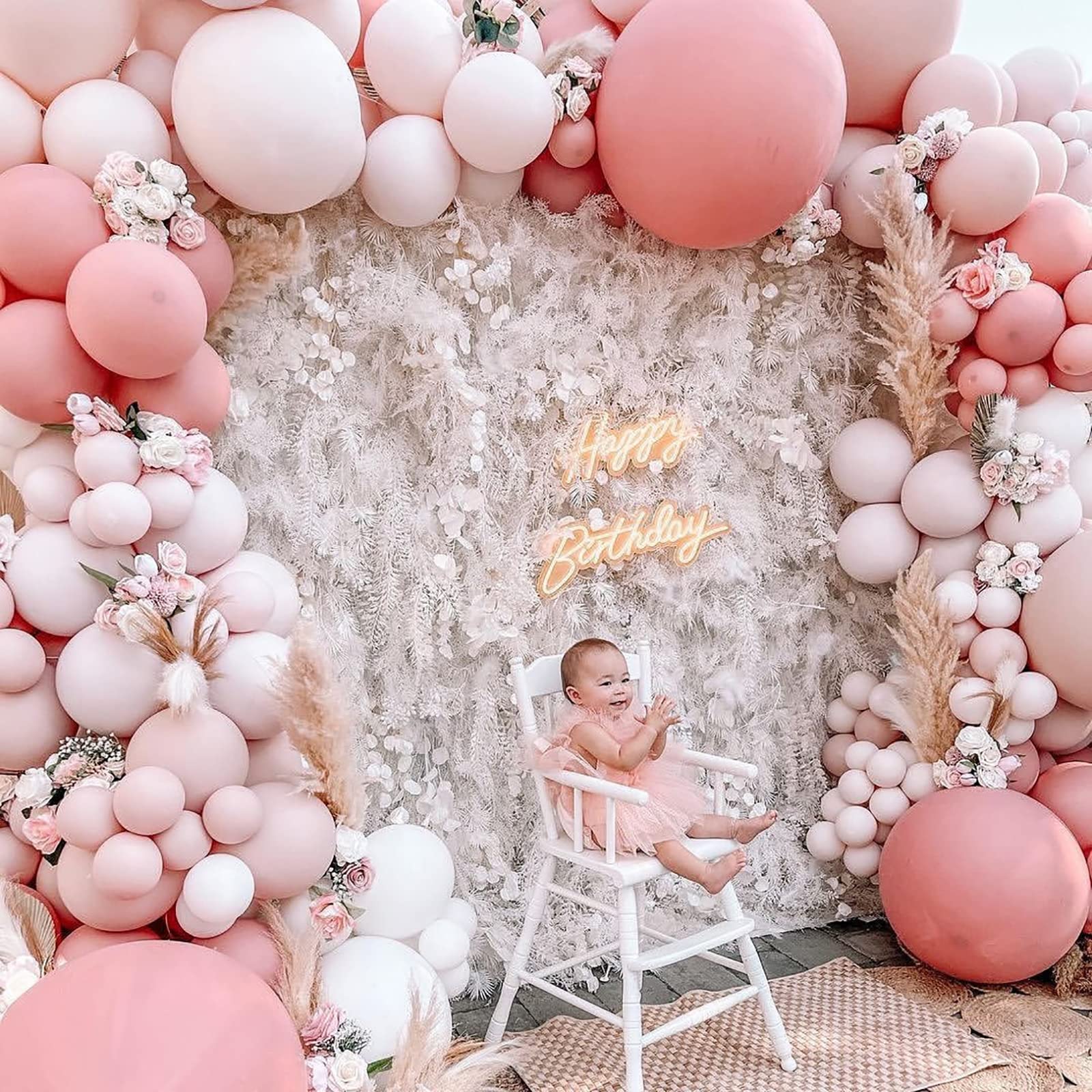 Boho Pink Balloon Garland Arch Kit,Double-stuffed Pastel Pink White Sand Blush Balloons for Birthday Bridal Baby Shower Wedding Party Decorations