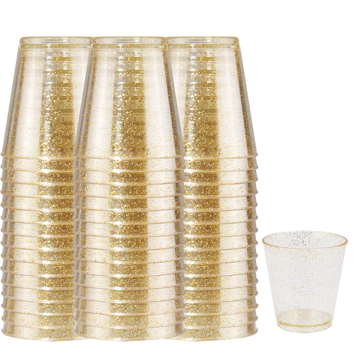 WELLIFE 200 PACK Plastic Gold Glitter Shot Cups, 2OZ Disposable Shot Glasses,Small Hard Plastic Tumblers,Gold Tasting Sampling Cups,Premium Mini Container Perfect for Whiskey for Party