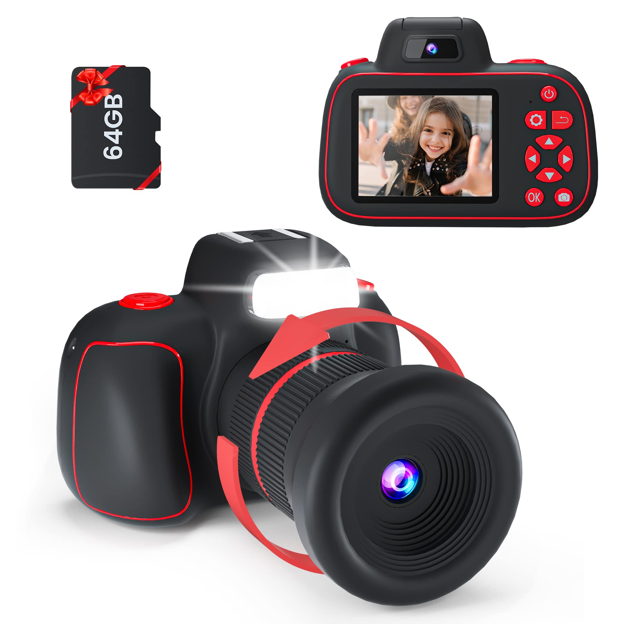 MOREXIMI Upgarded Kids Camera, 4K Digital Camera for Kids with Shutter AF, Rotable Zoom Lens, Video Camera Toy for 8-12 Years Old Boys Girls, Best Christmas Birthday Gifts, with 64G SD Card