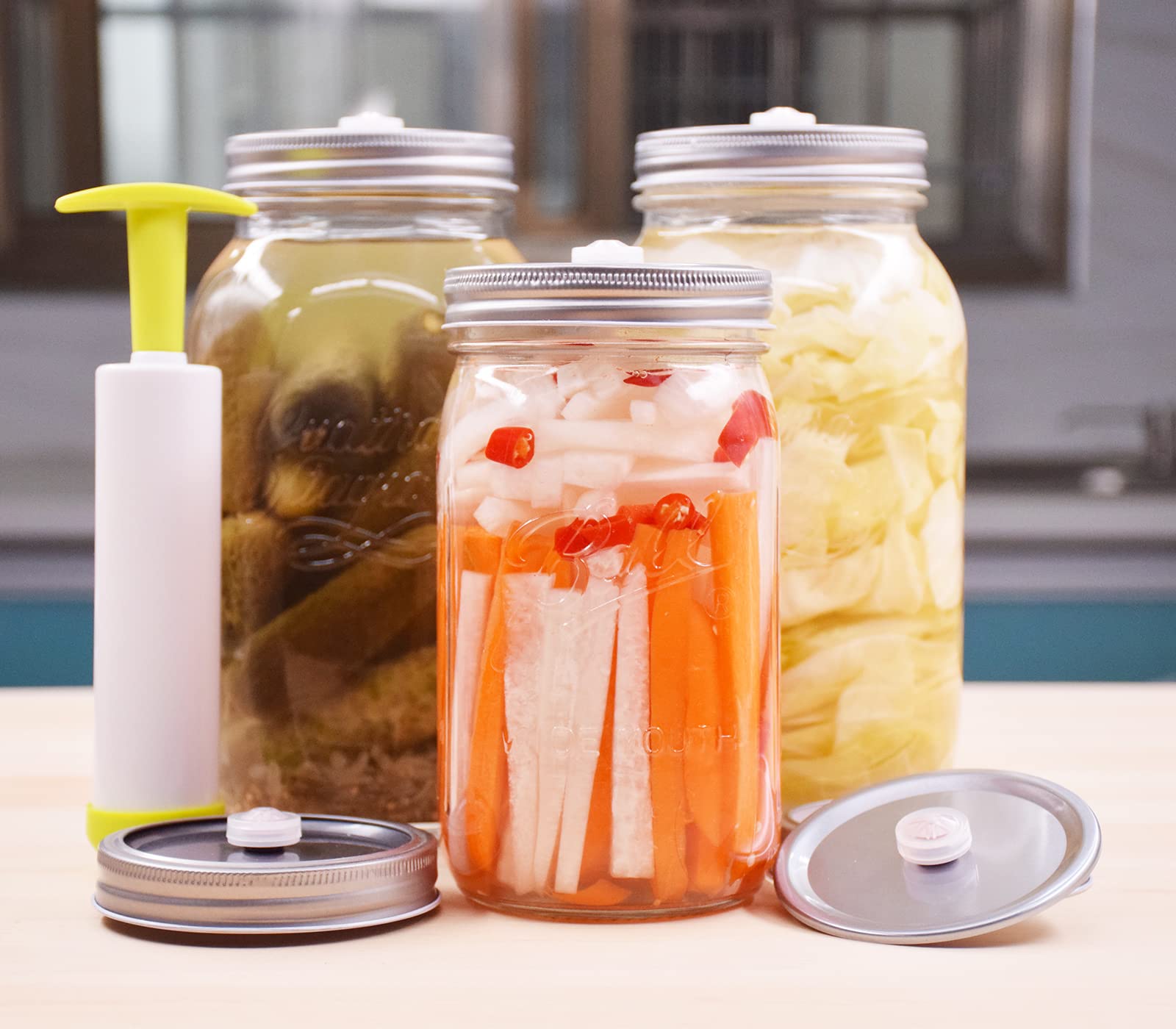Handheldvac Stainless Steel Wide Mouth Mason Jar Lids Reusable Jar Vacuum Sealer kit Wide Mouth Silver Fermenting Lids (6 Pack without Pump)