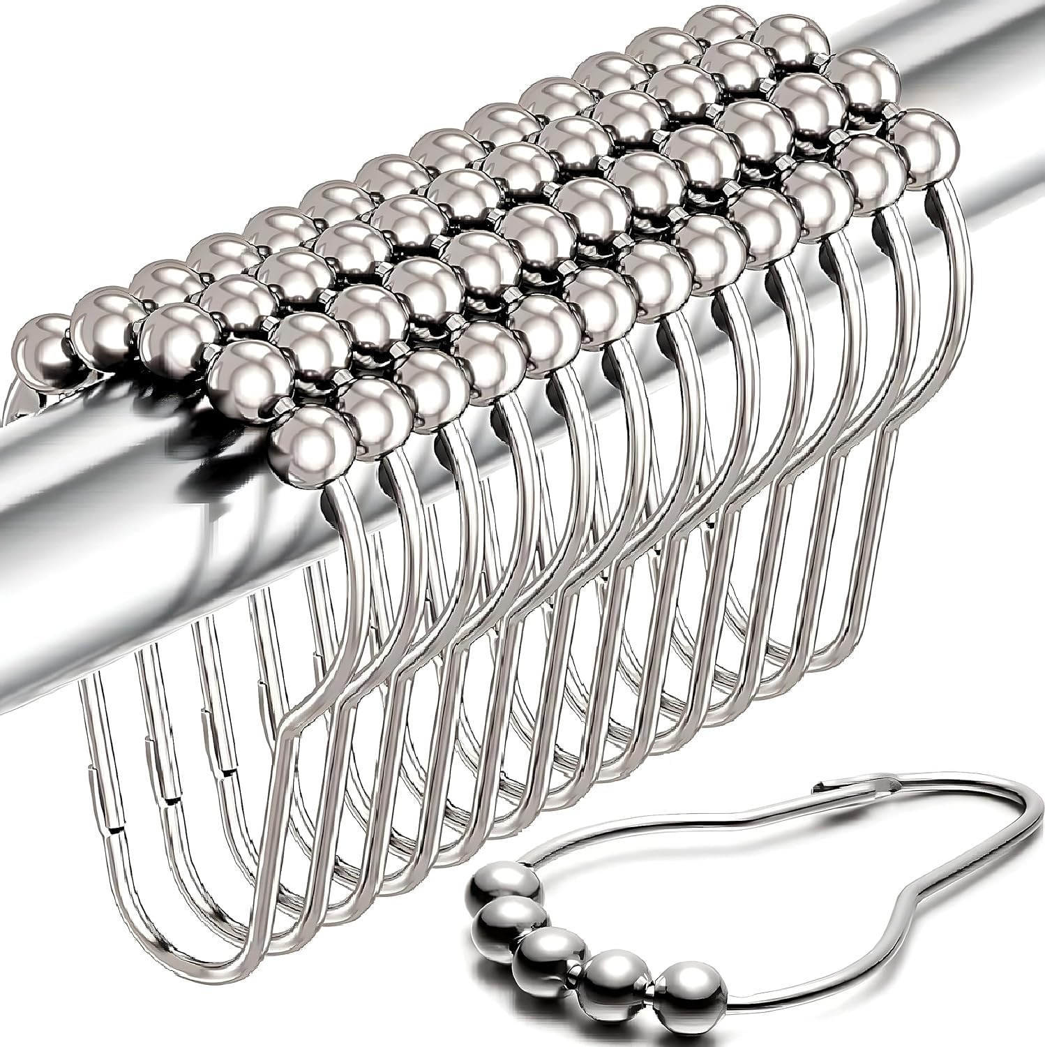 Fotoumgl Shower Curtain Rings, Rust Proof Metal Smooth Glide Shower Curtain Hooks, Stainless Steel Nickel Chrome Plating Curtain Rings for Bathroom Shower Curtain Rods- Set of 12