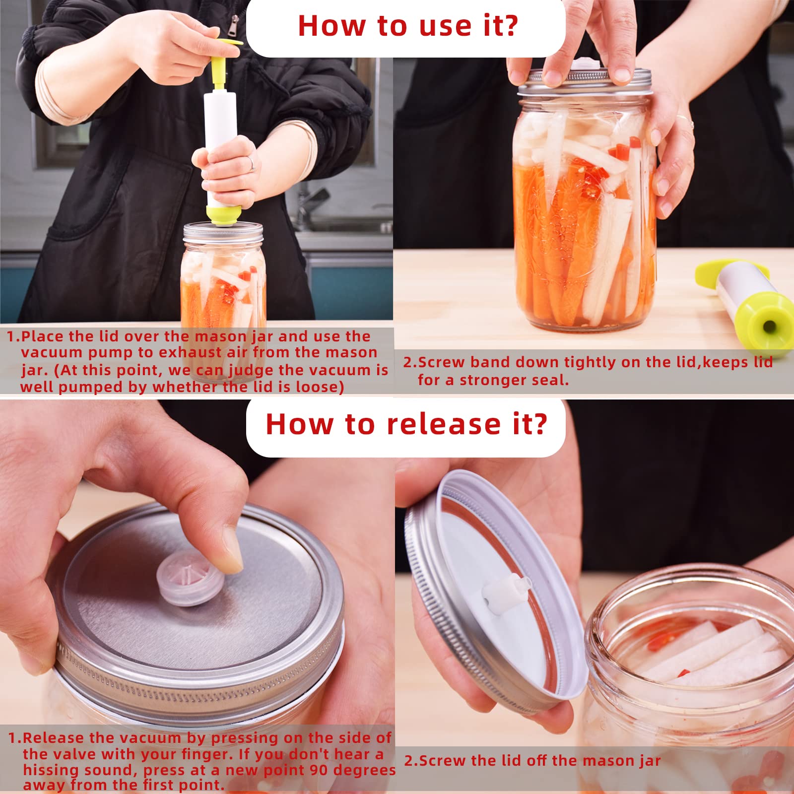 Handheldvac Stainless Steel Wide Mouth Mason Jar Lids Reusable Jar Vacuum Sealer kit Wide Mouth Silver Fermenting Lids (6 Pack without Pump)