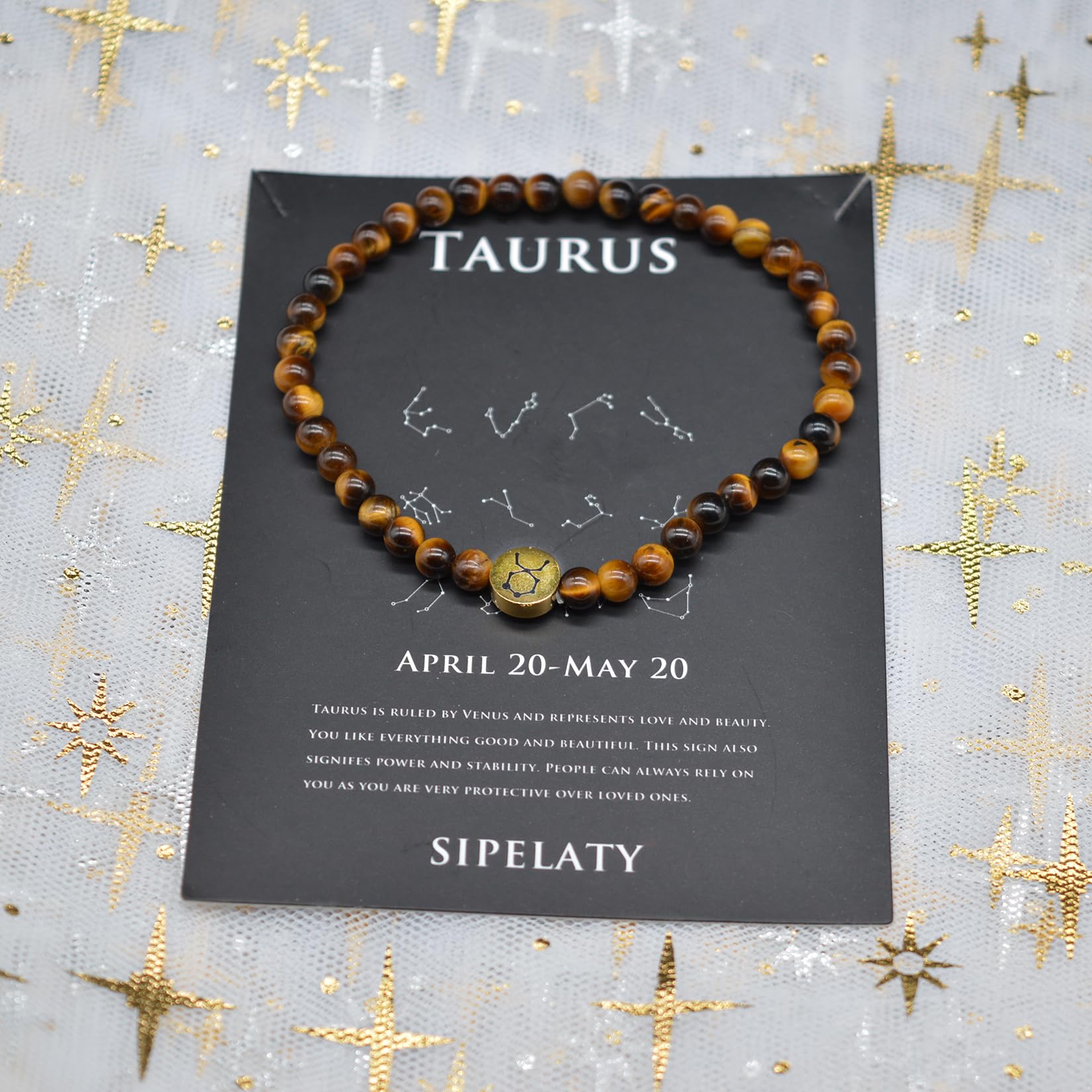 SIPELATY 4MM Mini Gemstone Energy Star Sign Constellation Bracelet with 18K Gold Plated Charm Zodiac Bracelet for Women Taurus