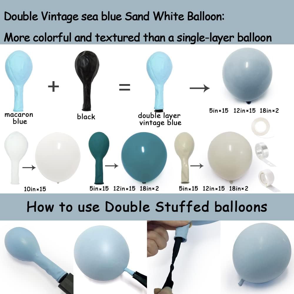 Dusty Blue Balloon Garland - Double Stuffed Blue Sand White Balloon Arch Different Size for Baby Shower Bridal Shower Birthday Wedding Boho Graduation Party Decoration