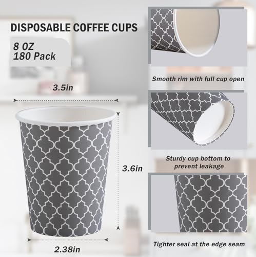 Lamosi 180 Pack 8oz Disposable Coffee Cups, Paper Cups, Hot/Cold Drinking Cup, Grey Disposable Cup, Paper Hot Coffee Cup, Paper Cup for Office, Picnic, Cafes