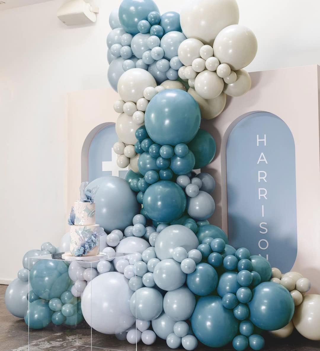 Dusty Blue Balloon Garland - Double Stuffed Blue Sand White Balloon Arch Different Size for Baby Shower Bridal Shower Birthday Wedding Boho Graduation Party Decoration