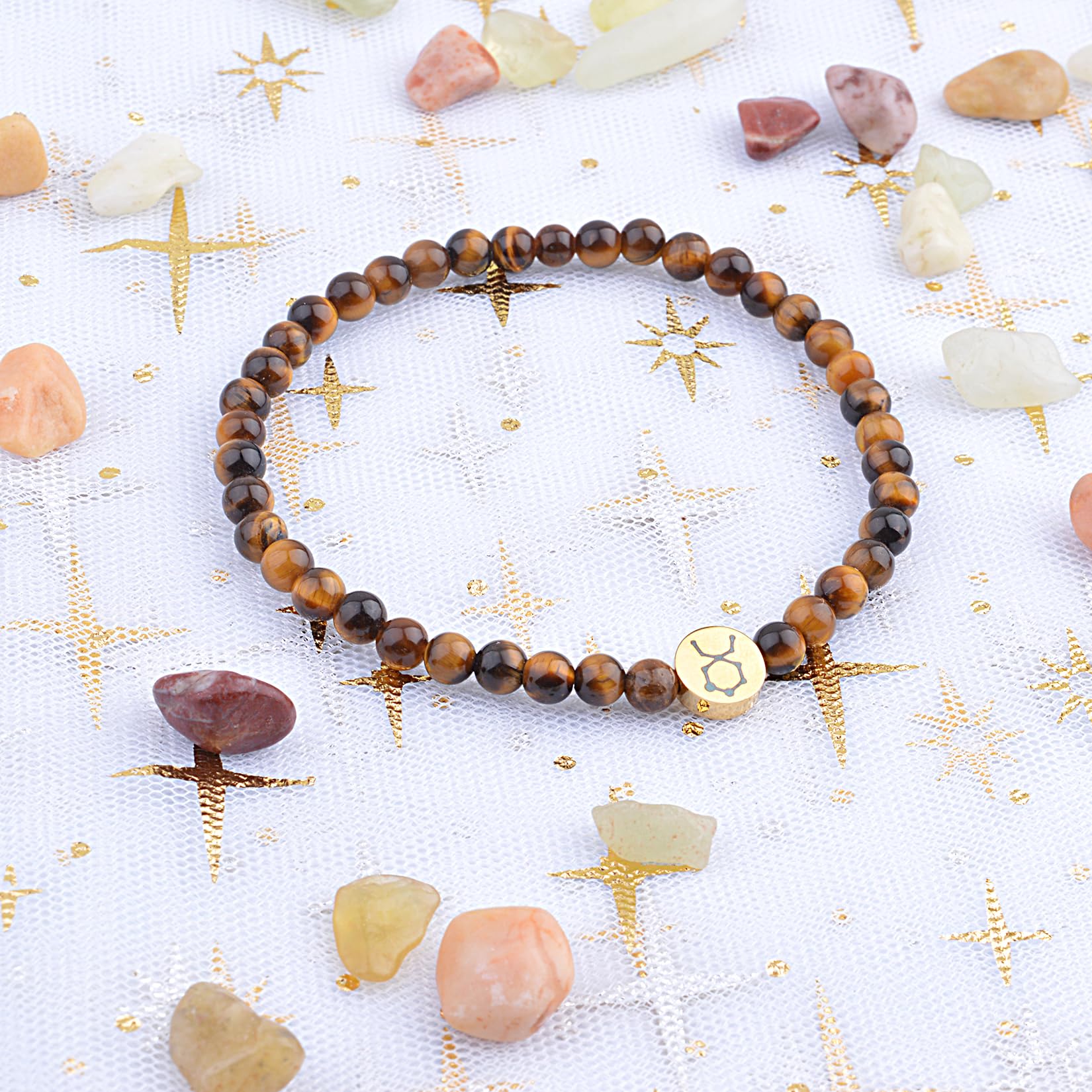 SIPELATY 4MM Mini Gemstone Energy Star Sign Constellation Bracelet with 18K Gold Plated Charm Zodiac Bracelet for Women Taurus