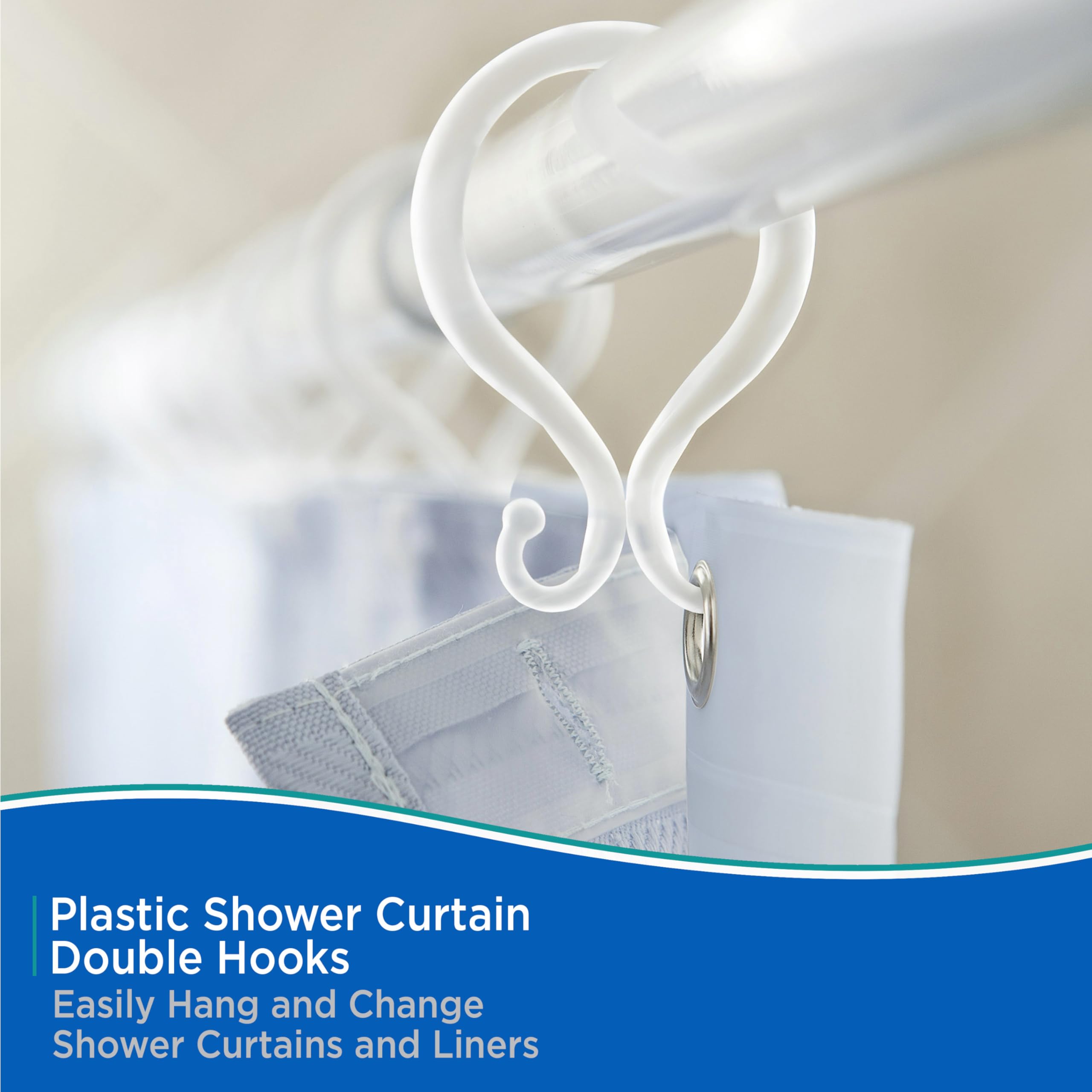 Kenney KN61211 Rust-Proof Smooth Plastic Shower Curtain Rings with Double Hanging Hooks for Shower Curtain and Standard Shower Curtain Rod, Bathroom Use, Easy to Install, Set of 12, Clear