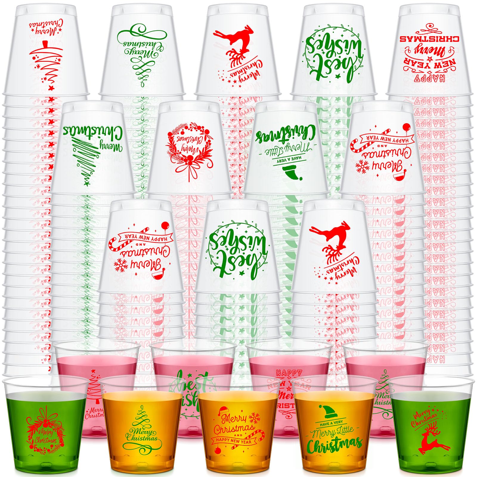 Yaomiao 300 Pieces Christmas Plastic Glasses 2 oz Christmas Party Transparent Cups Bulk Disposable Plastic Drinking Tasting Cups Christmas Shot Glasses for Adults for Whiskey Xmas Party Supplies