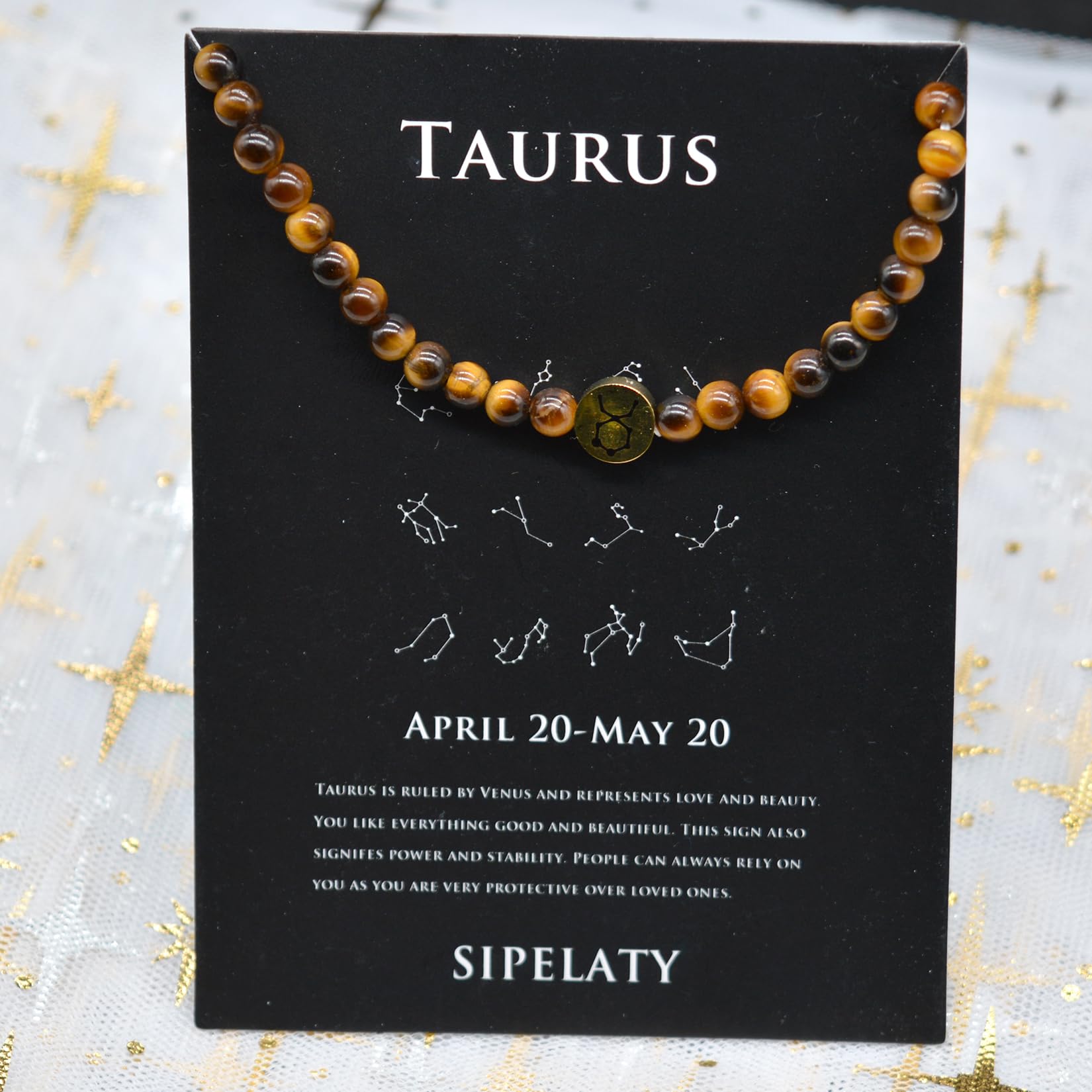 SIPELATY 4MM Mini Gemstone Energy Star Sign Constellation Bracelet with 18K Gold Plated Charm Zodiac Bracelet for Women Taurus