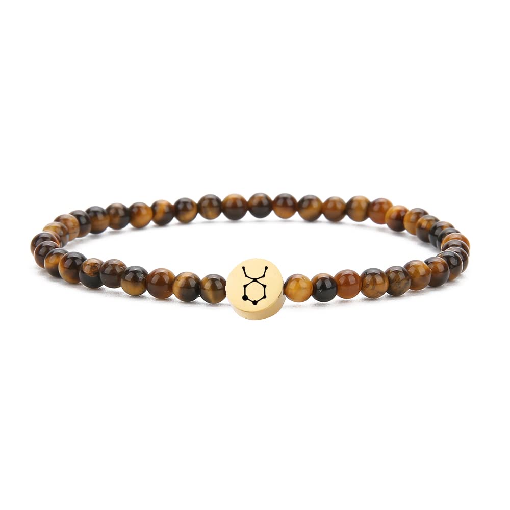 SIPELATY 4MM Mini Gemstone Energy Star Sign Constellation Bracelet with 18K Gold Plated Charm Zodiac Bracelet for Women Taurus