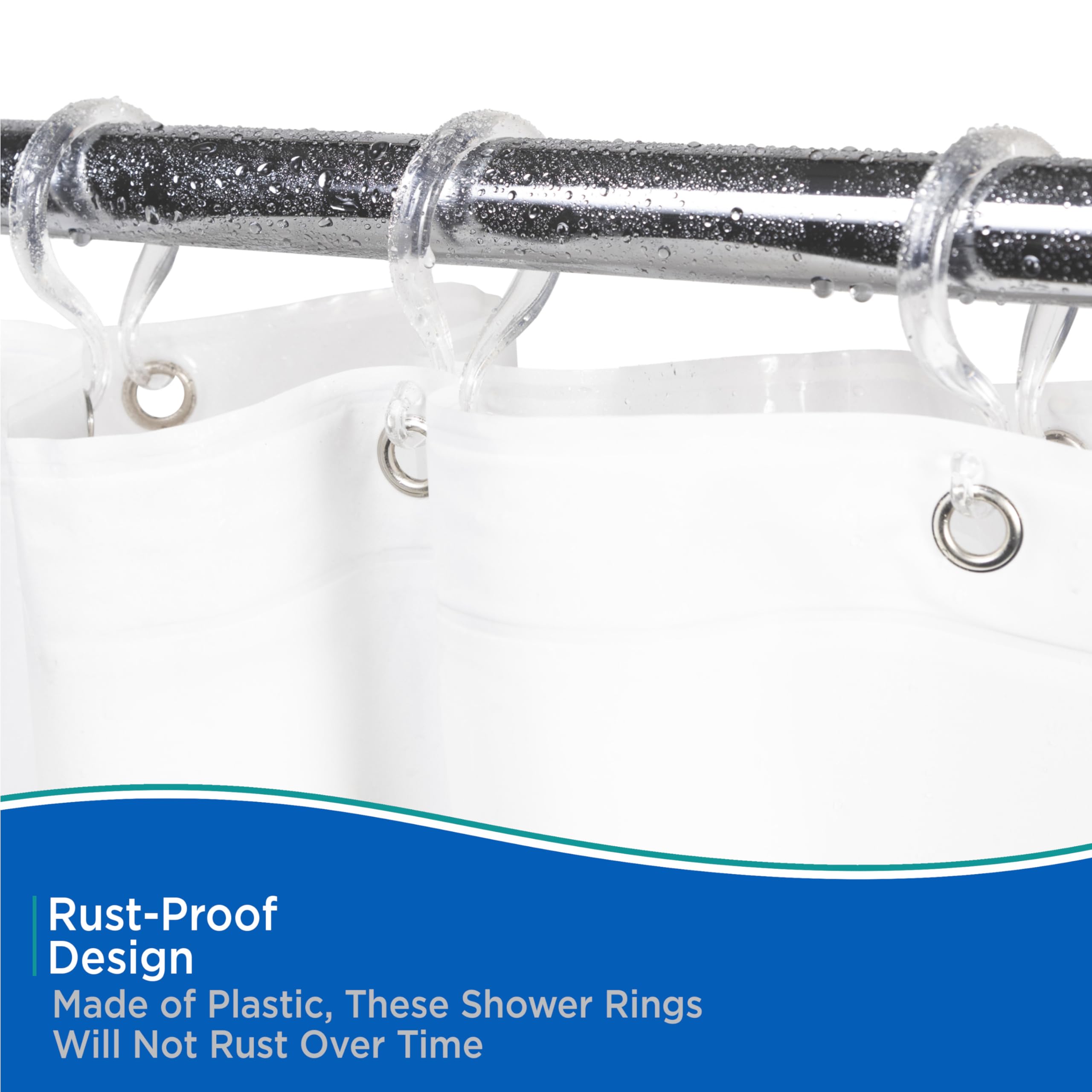 Kenney KN61211 Rust-Proof Smooth Plastic Shower Curtain Rings with Double Hanging Hooks for Shower Curtain and Standard Shower Curtain Rod, Bathroom Use, Easy to Install, Set of 12, Clear