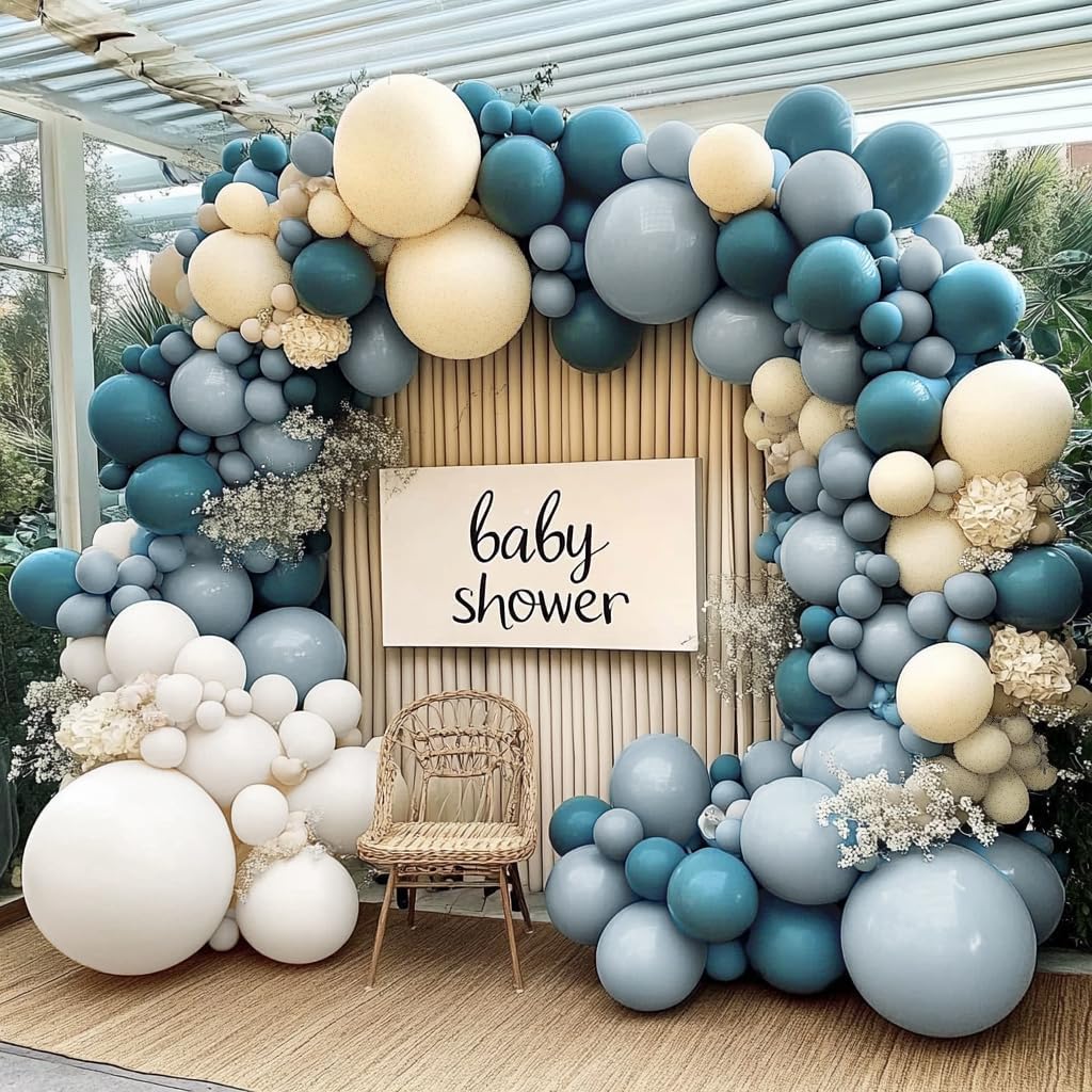 Dusty Blue Balloon Garland - Double Stuffed Blue Sand White Balloon Arch Different Size for Baby Shower Bridal Shower Birthday Wedding Boho Graduation Party Decoration