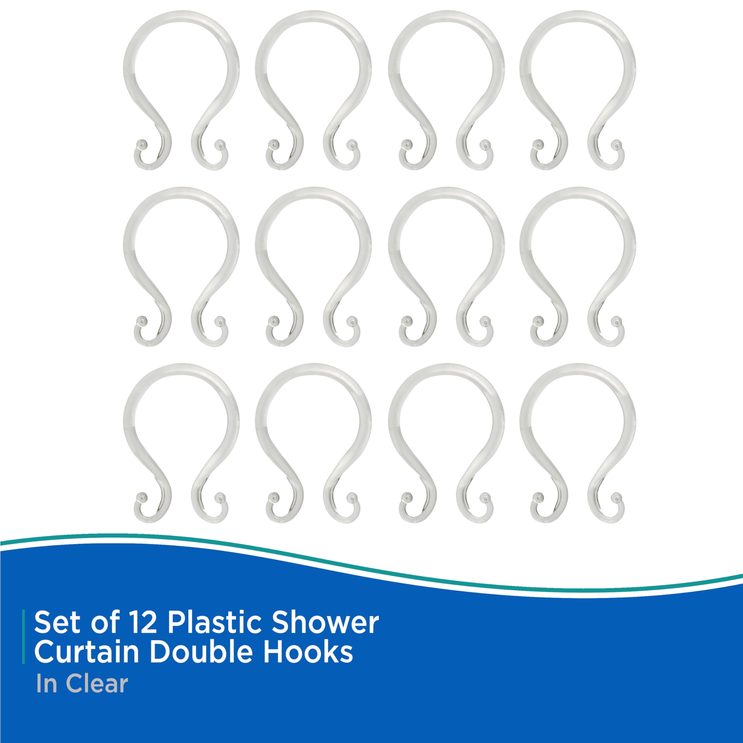 Kenney KN61211 Rust-Proof Smooth Plastic Shower Curtain Rings with Double Hanging Hooks for Shower Curtain and Standard Shower Curtain Rod, Bathroom Use, Easy to Install, Set of 12, Clear