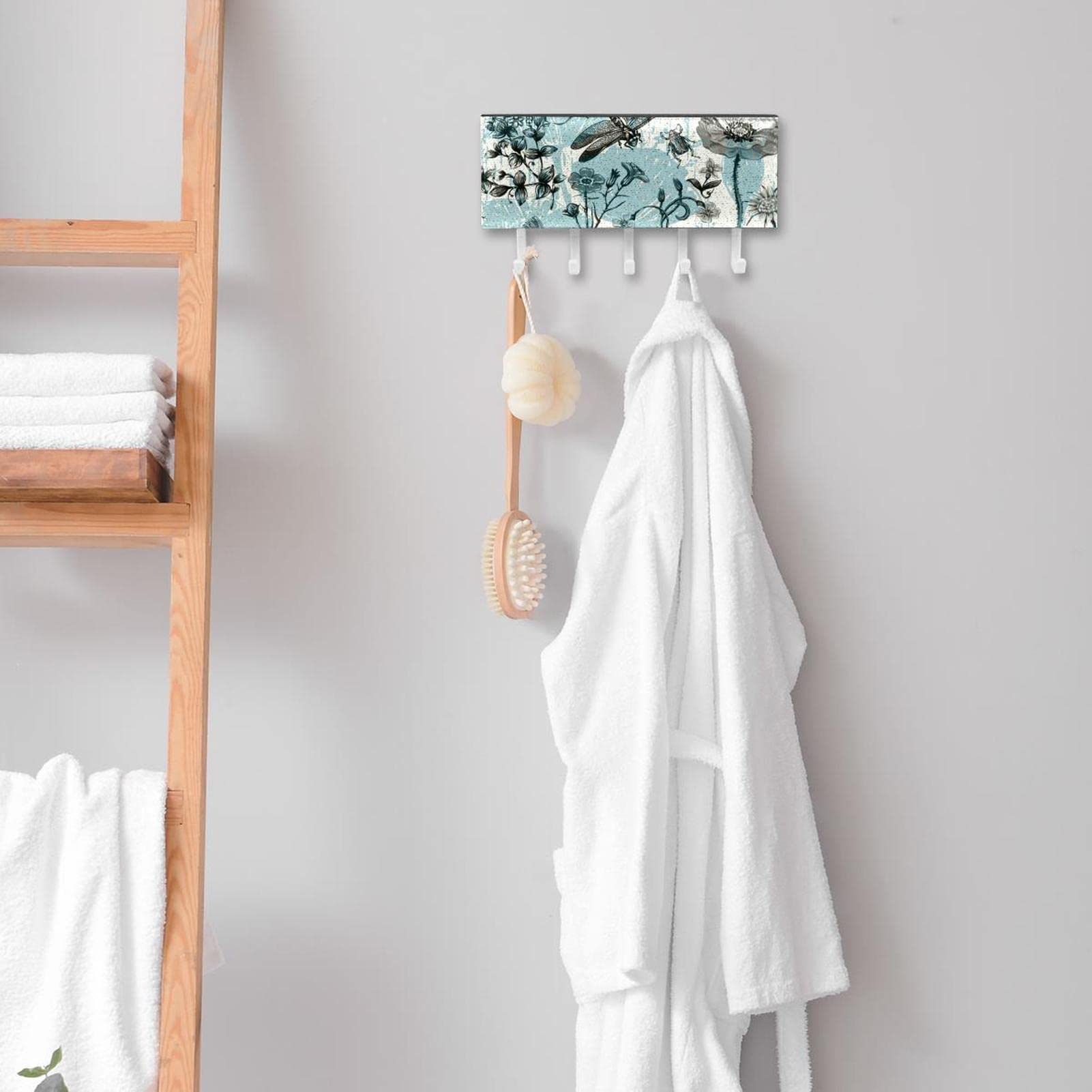 Dragonflies Flower Wall Mounted Coat Rack with 5 Decorative Hooks, Self Adhesive Hooks for Hanging 4.4lb(Max) Towel Key Hat Scissors