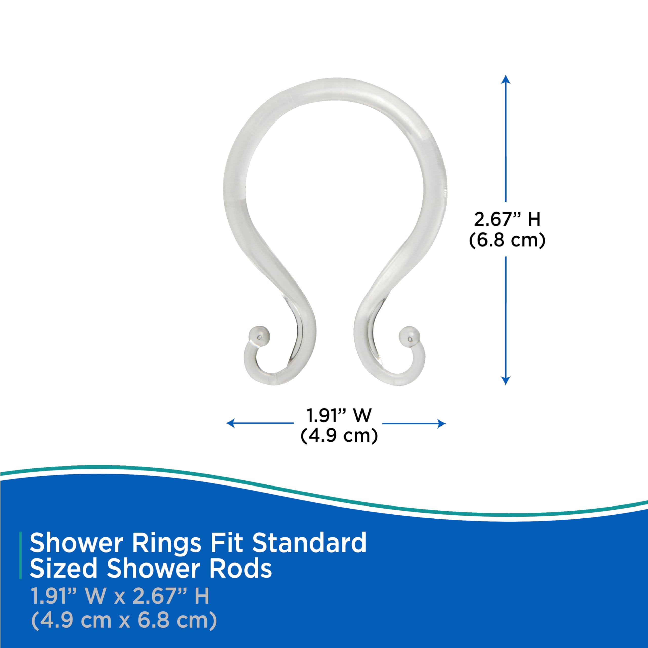 Kenney KN61211 Rust-Proof Smooth Plastic Shower Curtain Rings with Double Hanging Hooks for Shower Curtain and Standard Shower Curtain Rod, Bathroom Use, Easy to Install, Set of 12, Clear