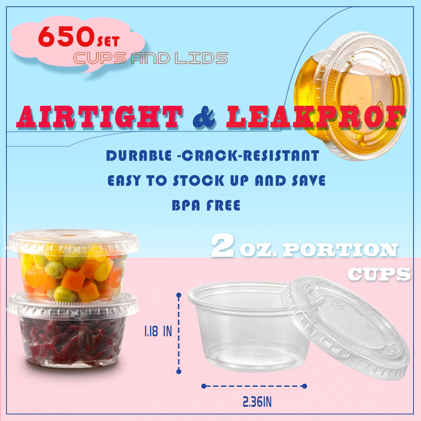 [650 Sets - 2 Oz ] Jello Shot Cups, Small Plastic Containers with Lids, Airtight and Stackable Portion Cups, Salad Dressing Container, Dipping Sauce Cups, Condiment Cups for Lunch, Party to Go, Trips