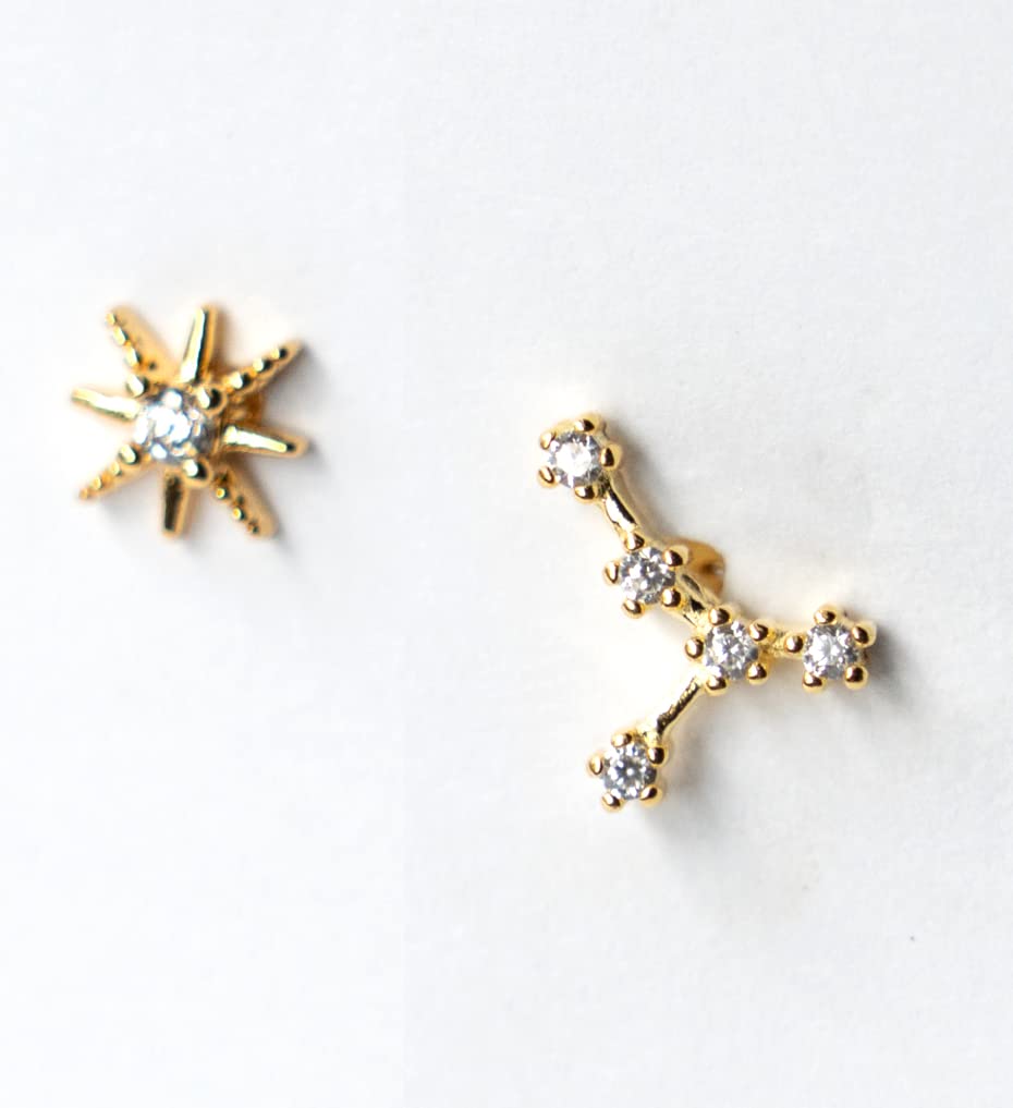 TAURUS 18k Gold Mismatched Stud Earring, Zodiac Star Stud Earrings Gift Set, Birthday Astrology Gifts for Women, Teens, Birth Flower (Taurus)