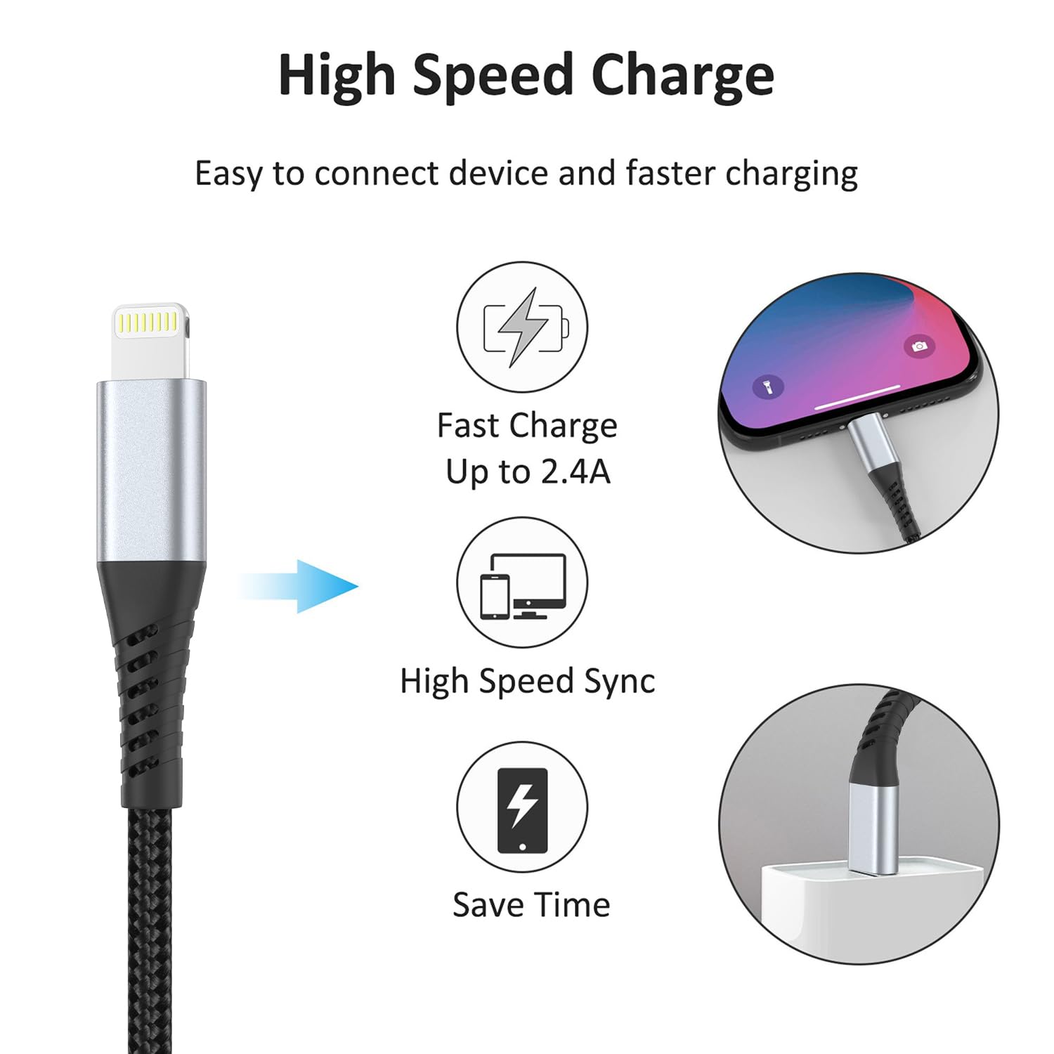 1FT Short iPhone Charging Cable, 3 Pack USB to Lightning Cable 1 Foot iPhone Charger Cord Fast Charging Braided for Apple iPhone 14 13 12 11 Pro Max Mini 10 8 7 Plus XR XS MAX SE iPad Air Mini (Black)