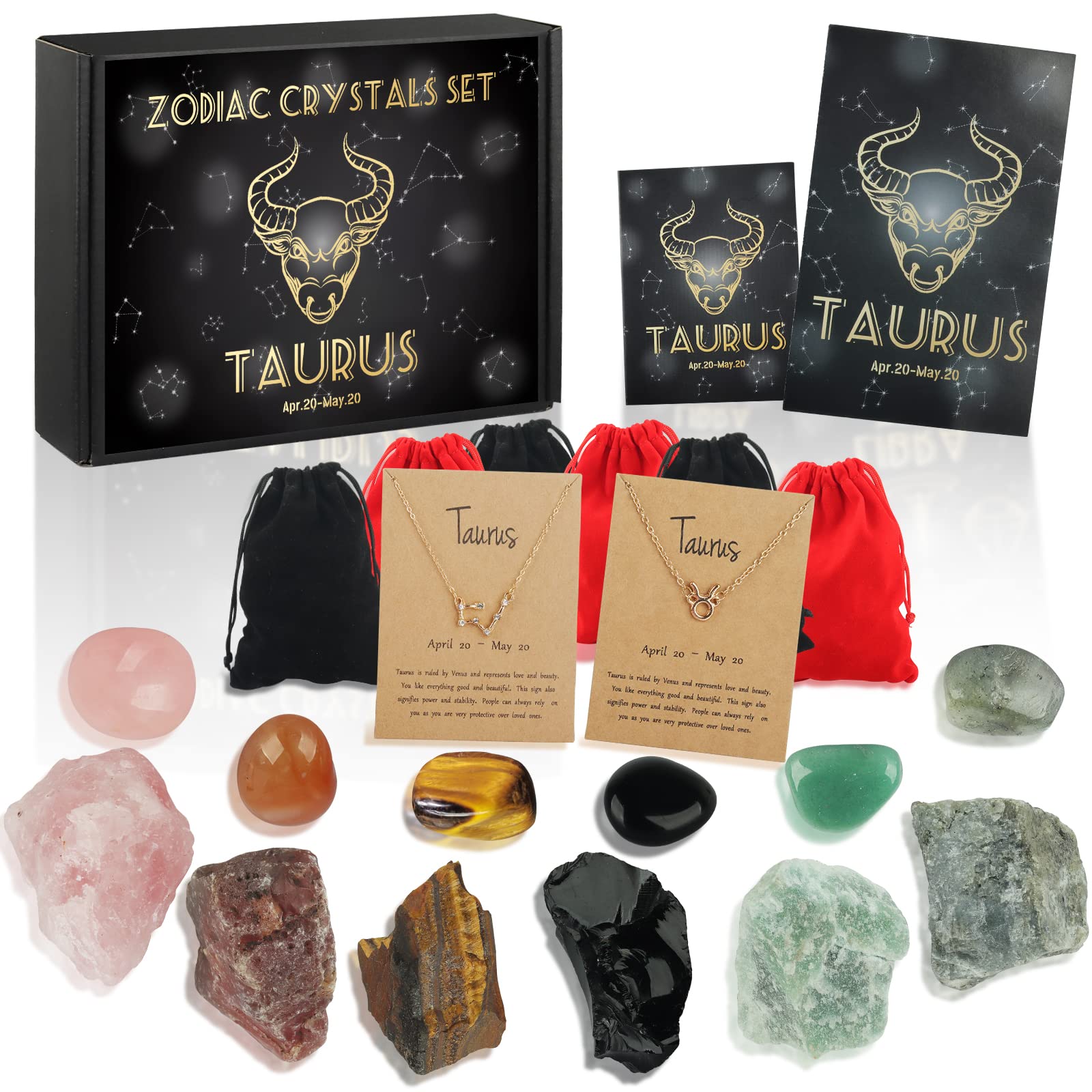 IBosins 14pcs Taurus Zodiac Crystals Gift Set Crystal and Healing Stones Star Sign Birthstones Astrology Witchcraft Christmas & Birthday Gifts for Women