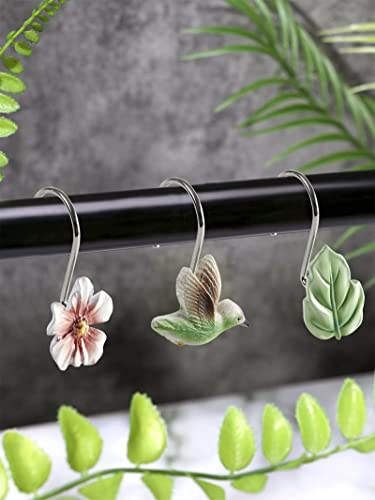 RoomTalks Flowers Leaves Birds Shower Curtain Hooks Rings for Bathroom, Rust Resistant Metal Decorative Shower Hooks Rings for Spring Boho Floral Plant Botanical Wildflowers Shower Curtains