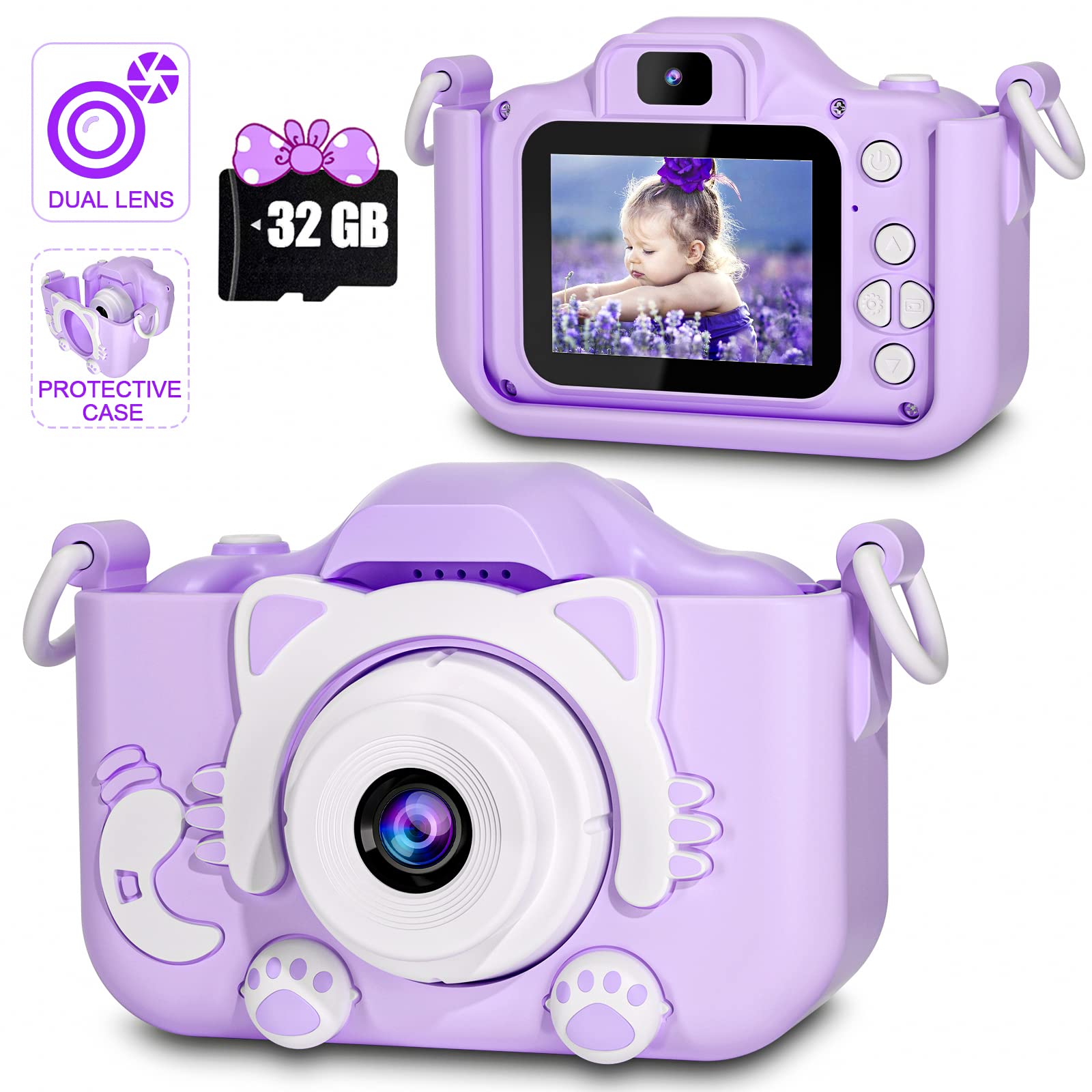 Kids Camera for Girls/Boys, 3-9 Year Old Toys for Girls/Boys, Christmas Birthday Gift for Age 6-9 Girls/Boys Kids Digital Dual Camera, Selfie Camera for Kids, 32GB Memory Card(Purple)