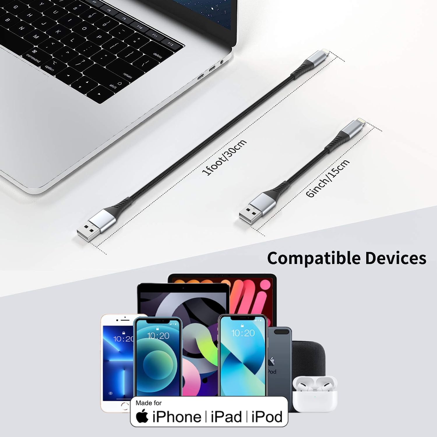 1FT Short iPhone Charging Cable, 3 Pack USB to Lightning Cable 1 Foot iPhone Charger Cord Fast Charging Braided for Apple iPhone 14 13 12 11 Pro Max Mini 10 8 7 Plus XR XS MAX SE iPad Air Mini (Black)