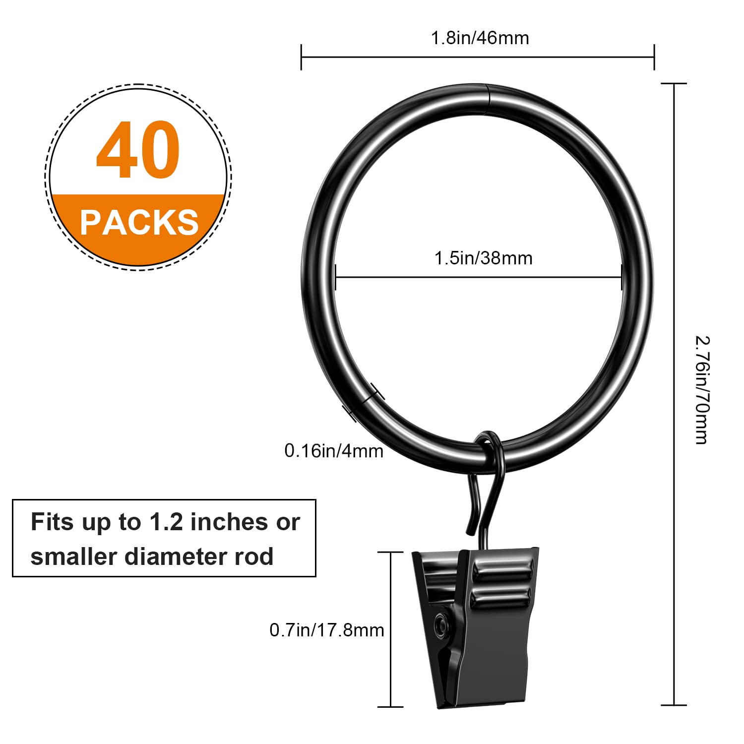 AJulyBee Curtain Rings with Clips, 40 PCS Heavy Duty Shower Curtain Clip for Tension Rods, 1.5 inch Rustproof Curtain Hangers Hook, Set of 40-Black(Interior Diameter 1.5")