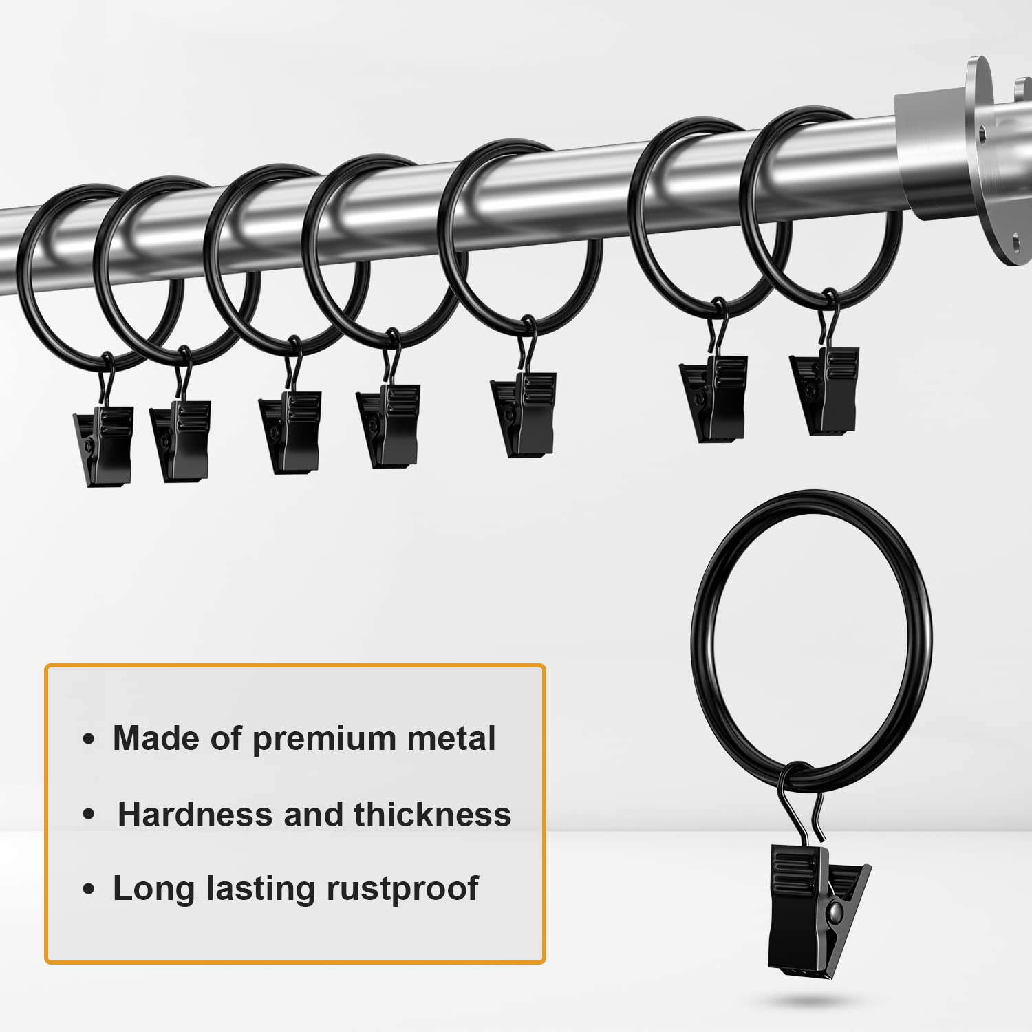 AJulyBee Curtain Rings with Clips, 40 PCS Heavy Duty Shower Curtain Clip for Tension Rods, 1.5 inch Rustproof Curtain Hangers Hook, Set of 40-Black(Interior Diameter 1.5")