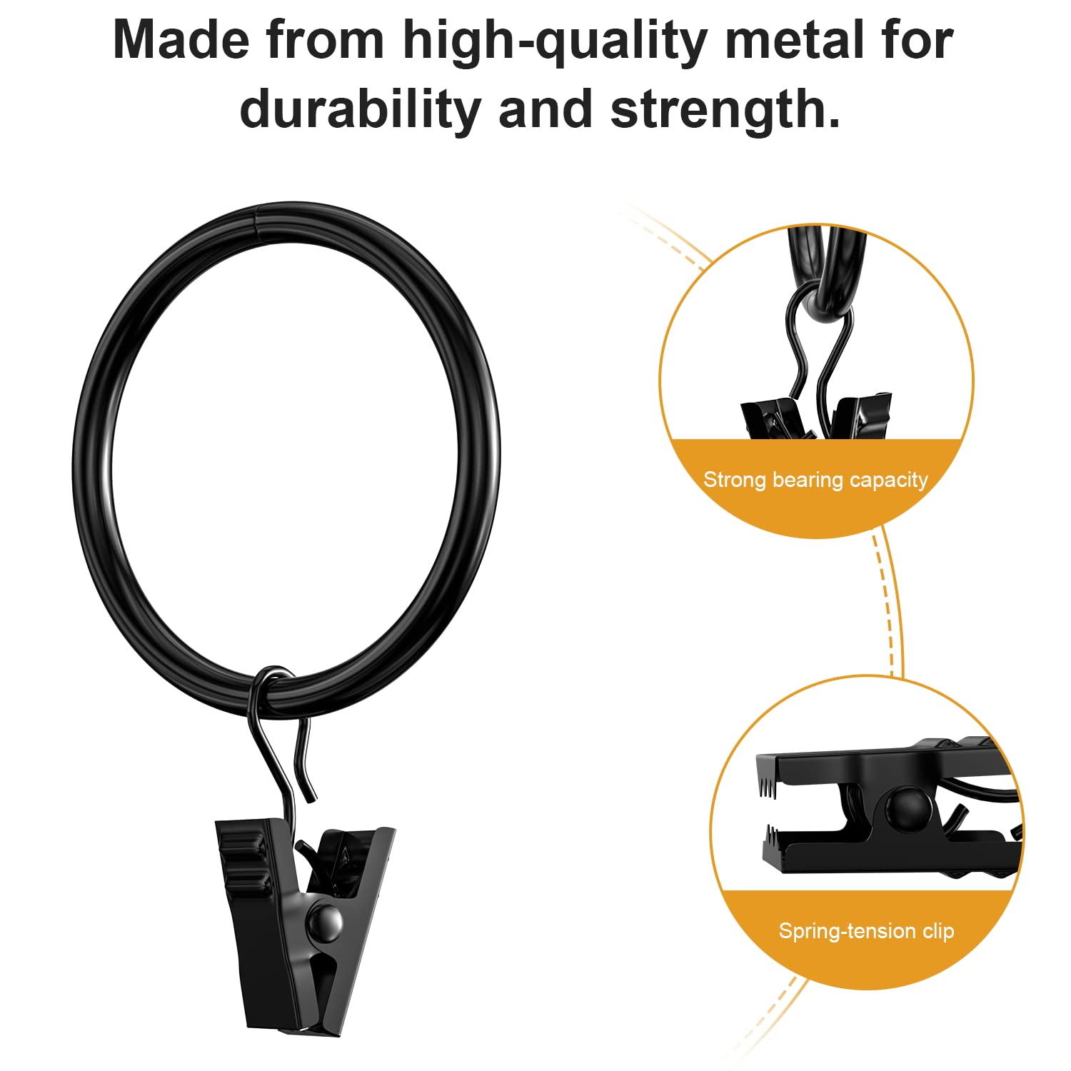 AJulyBee Curtain Rings with Clips, 40 PCS Heavy Duty Shower Curtain Clip for Tension Rods, 1.5 inch Rustproof Curtain Hangers Hook, Set of 40-Black(Interior Diameter 1.5")