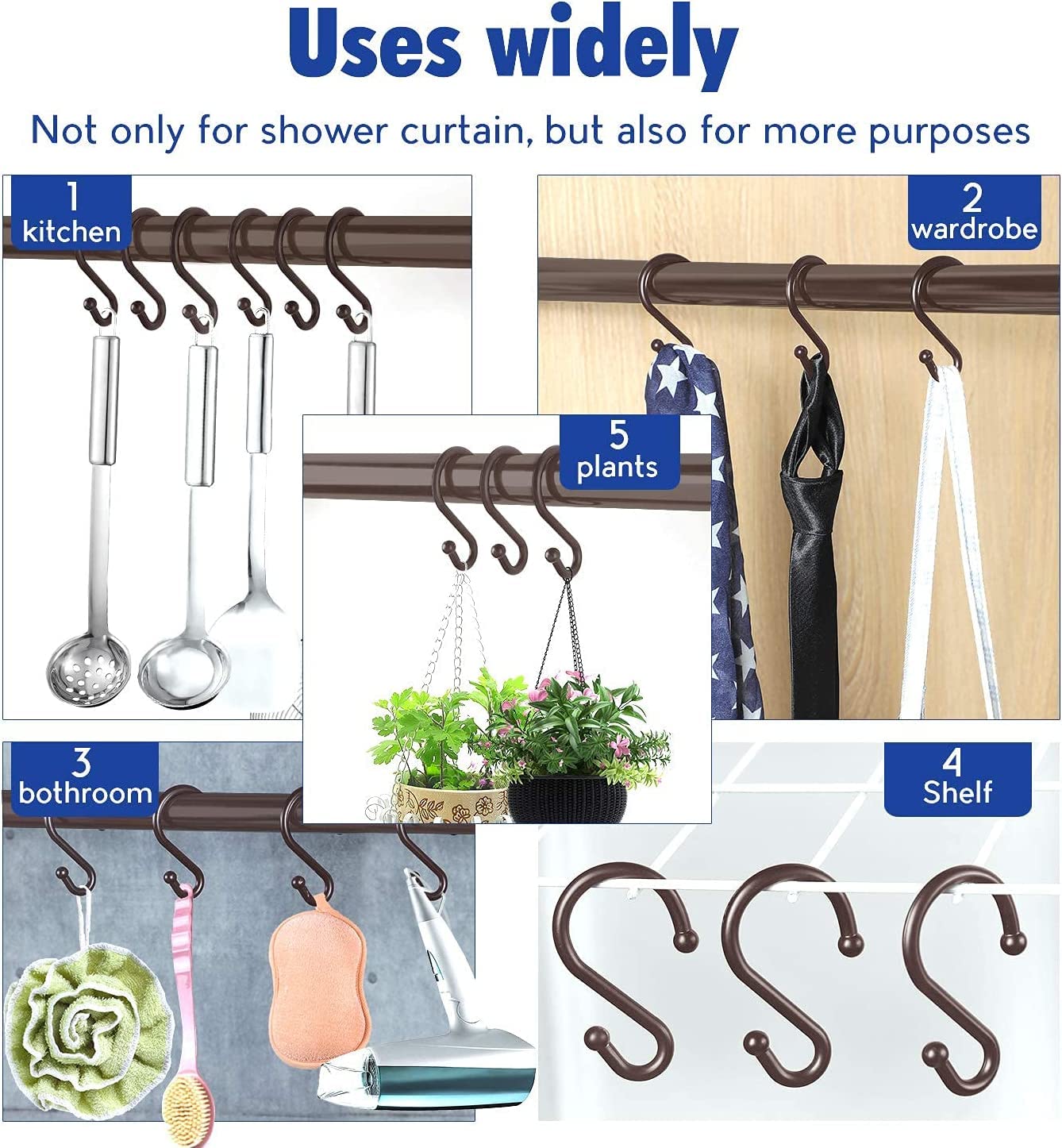 24 pcs Black Shower Curtain Hooks,Shower Curtain Rings, S Shower Hooks for Bathroom Curtains,Clothing, Towels, etc