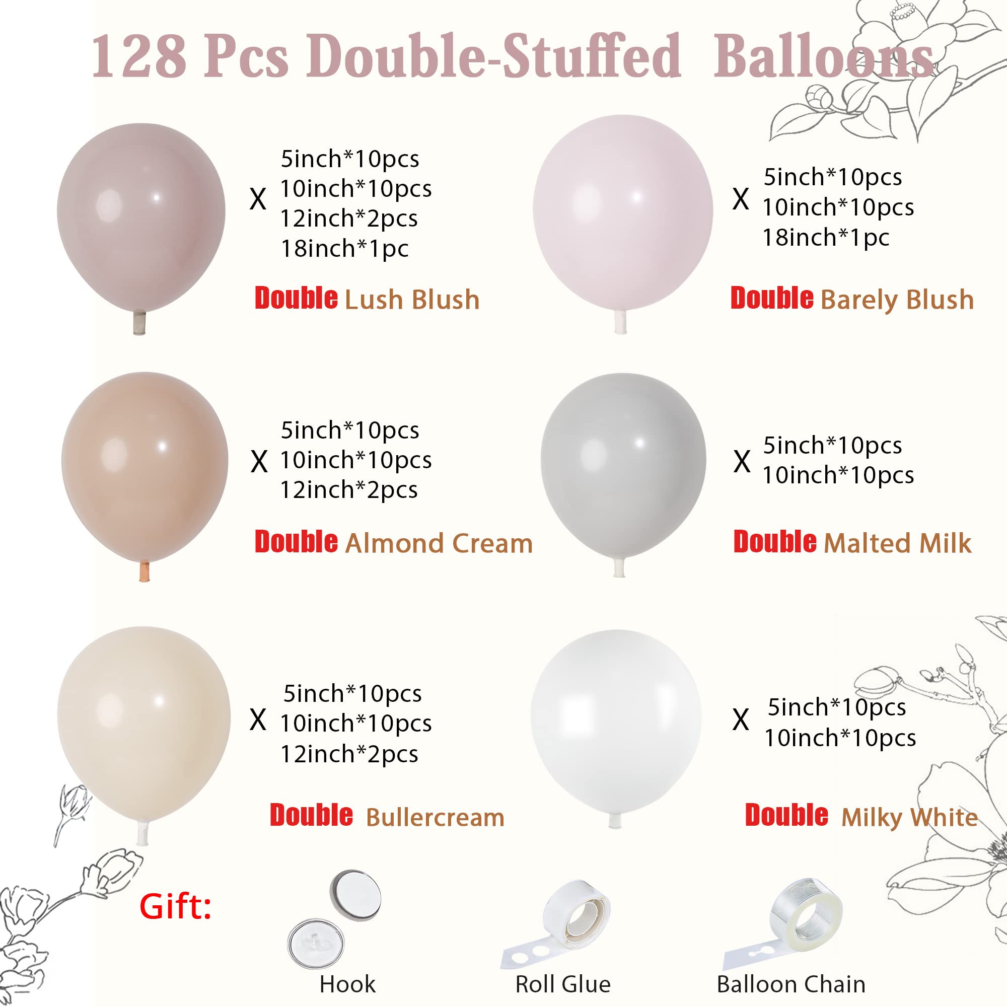 Boho Balloons Garland Arch Kit - 128PCS Double Stuffed 18/12/10/5 Inch Double Garland Kit Layer Matte White Cream Peach Pink Balloons Set for Wedding Birthday Baby Shower Party Decorations